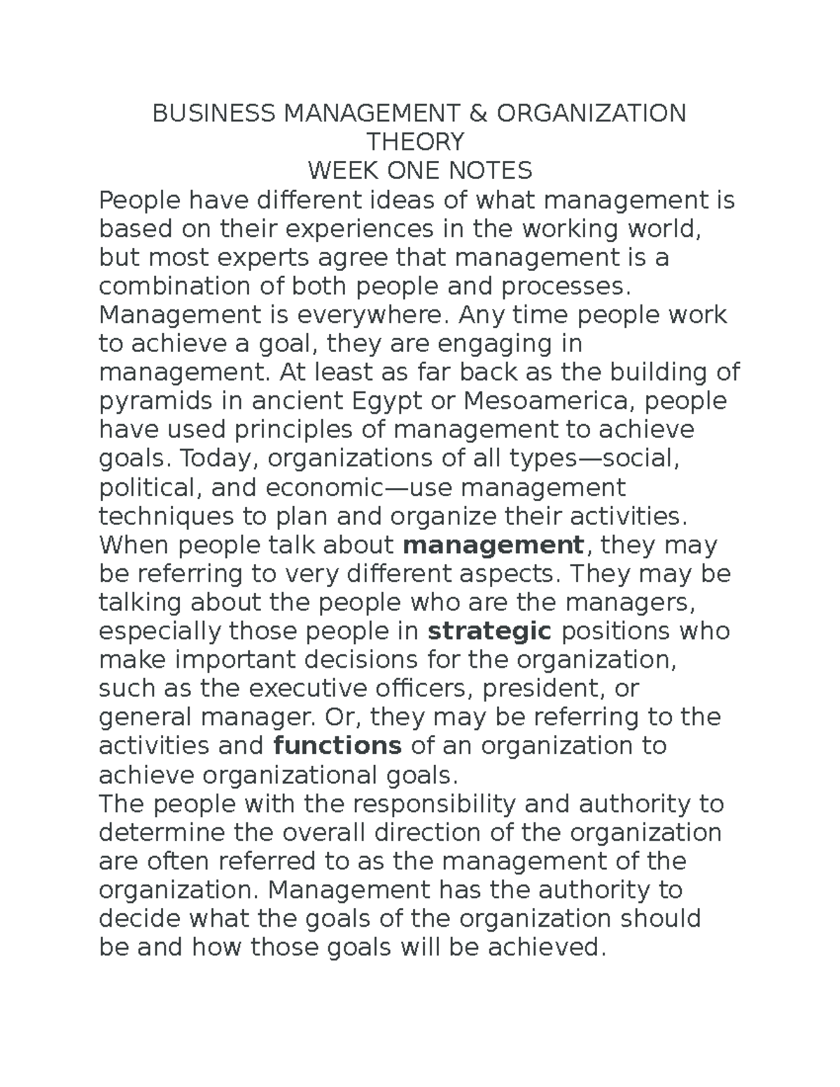 Bmgt364- week 1 notes - BUSINESS MANAGEMENT & ORGANIZATION THEORY WEEK ...