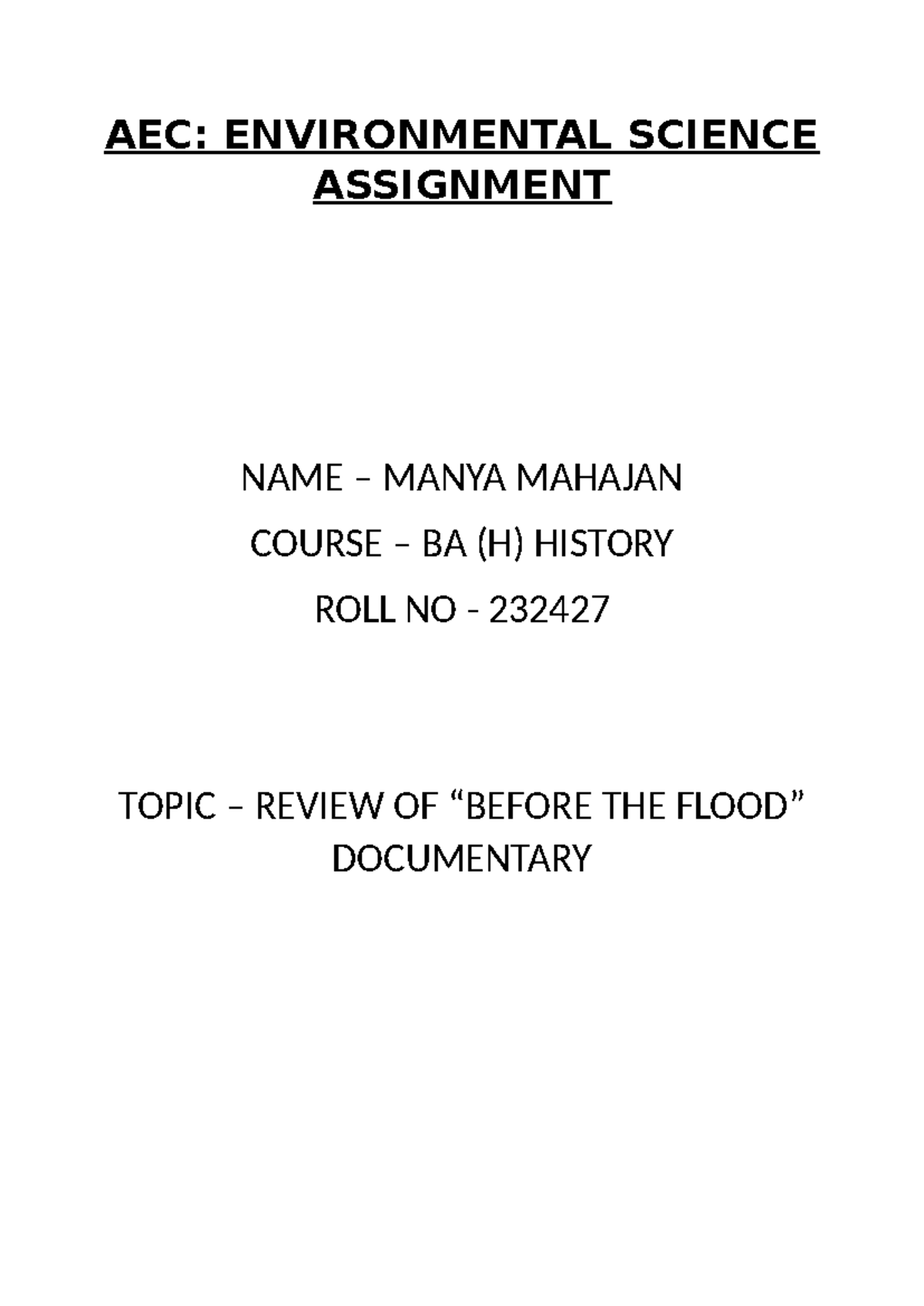 Before the Flood - evs documentary - AEC: ENVIRONMENTAL SCIENCE ...