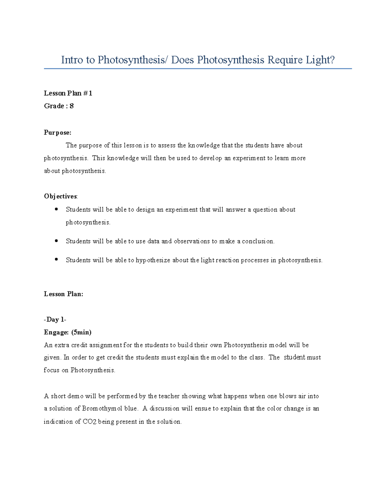 Intro to Photosynthesis.docx lesson plan - Intro to Photosynthesis ...