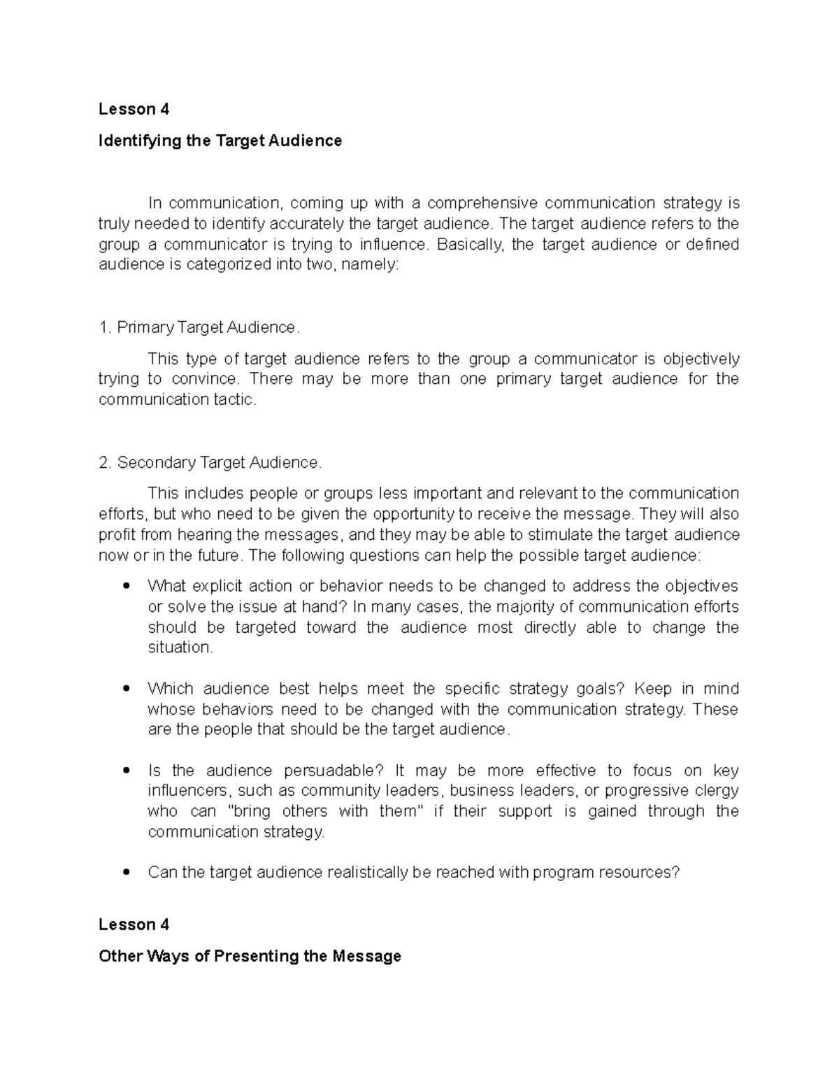 Identifying the Target Audience and Other Ways of Presenting the Message - Lesson 4 Identifying ...