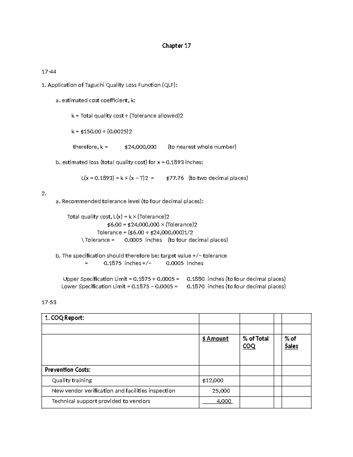 Chapter 17 Quality - Chapter 17 17- Application of Taguchi Quality Loss ...