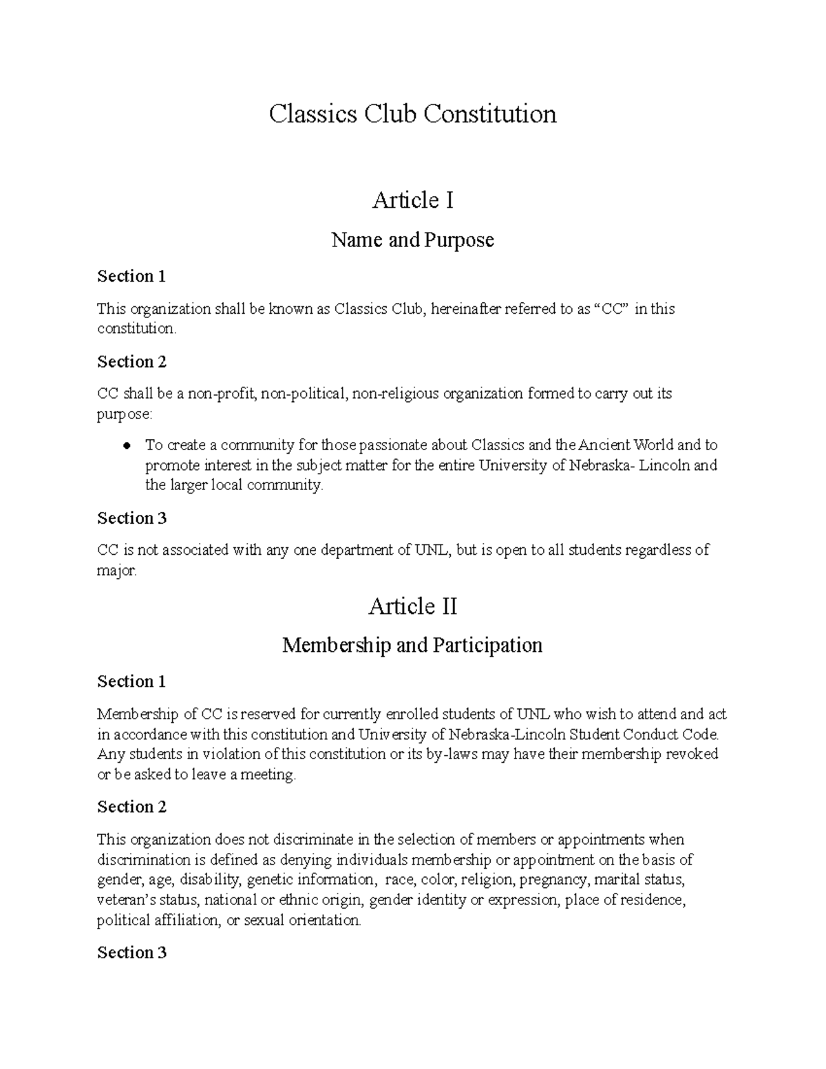 UNL Classics Club Constitution 10 - Classics Club Constitution Article ...