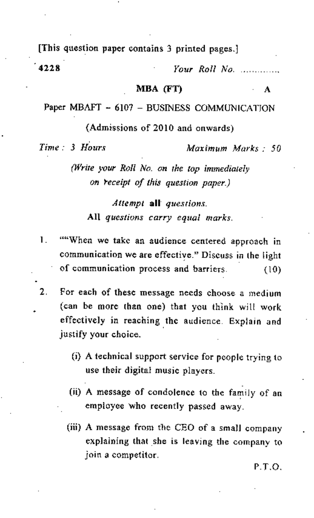 MBA (FT) Paper Mbaft-6107- Business Communication - Studocu