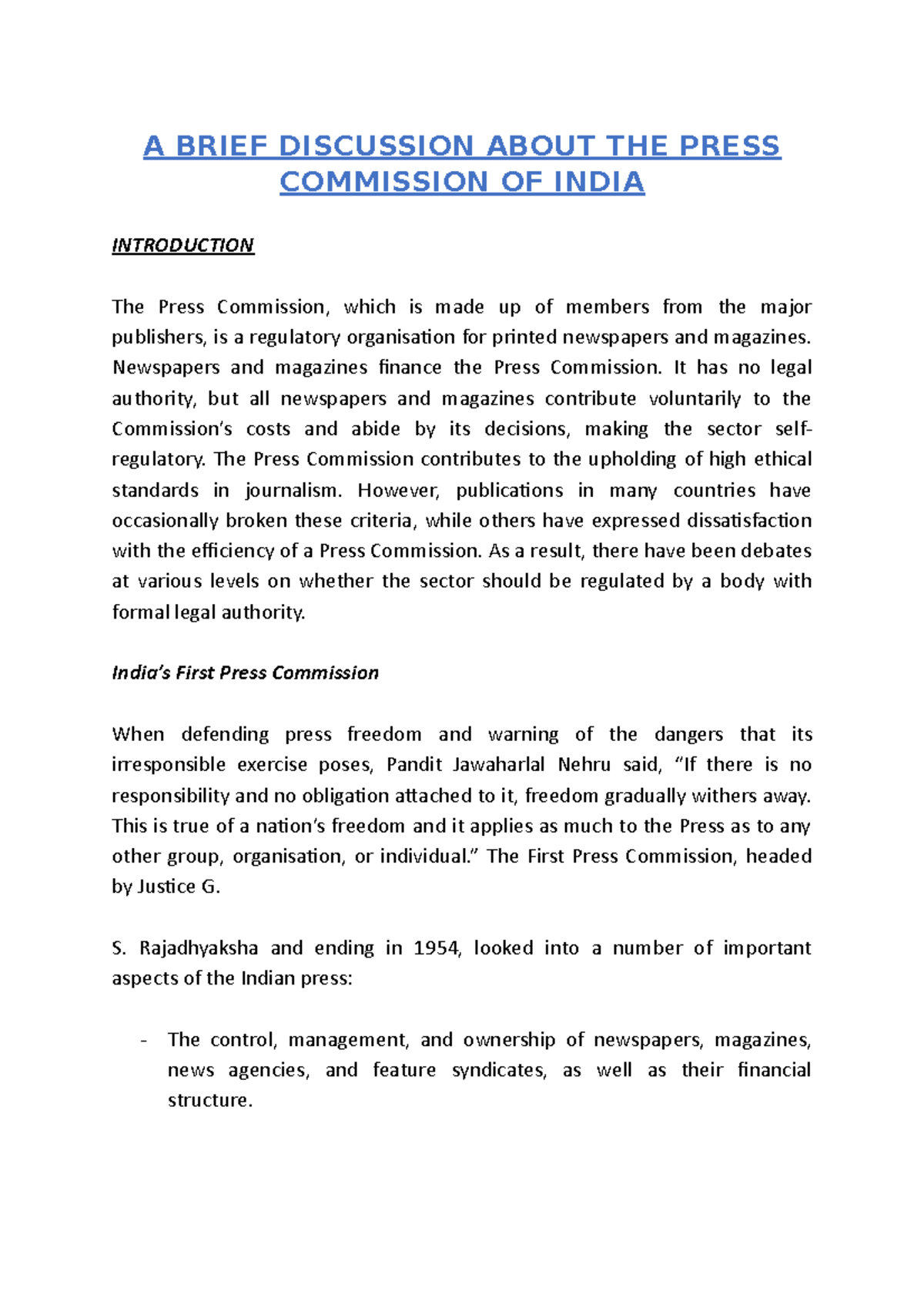 A Brief Discussion About THE Press Commission OF India - A BRIEF ...