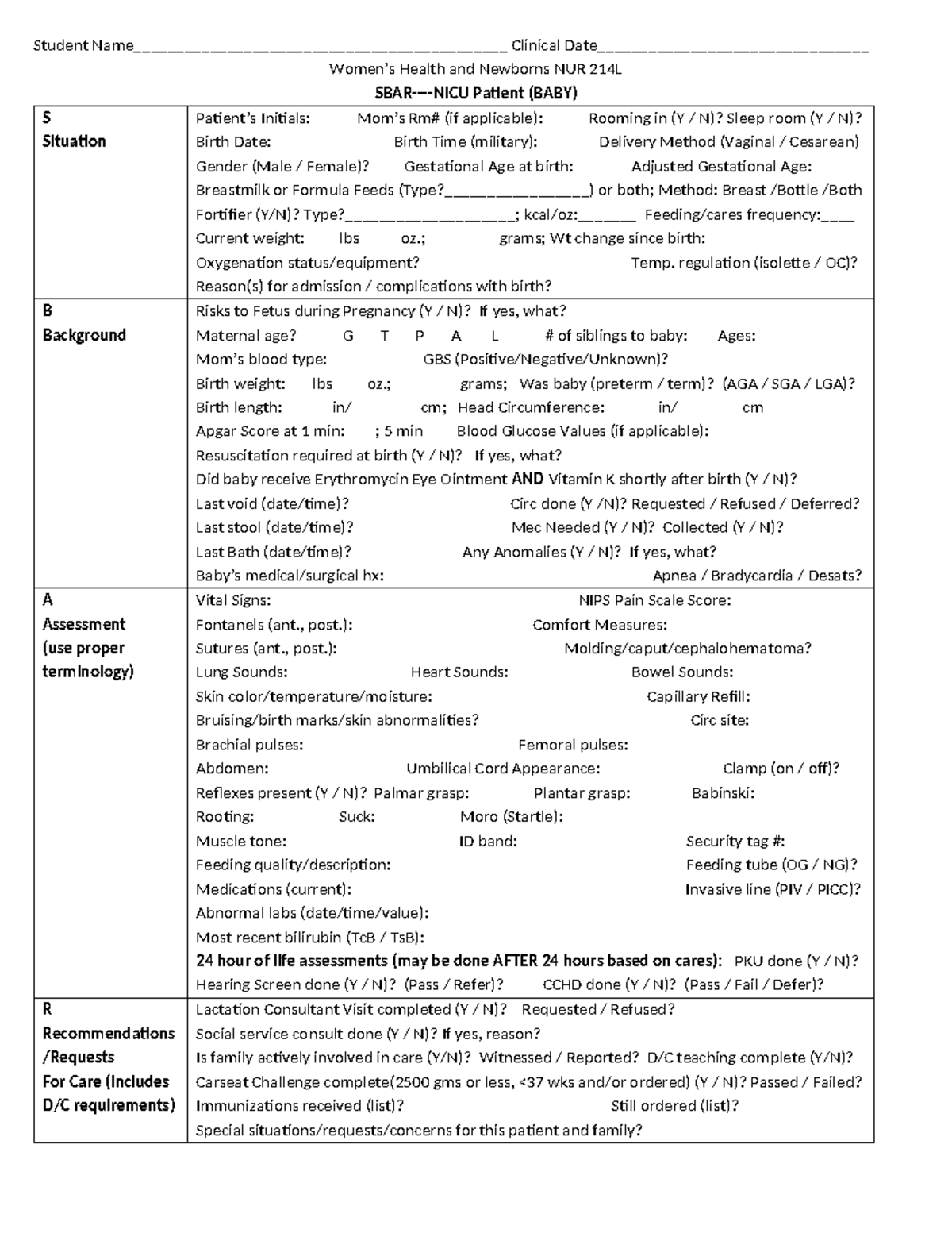 SBAR+ICN+Baby - SBAR - Student Name ...