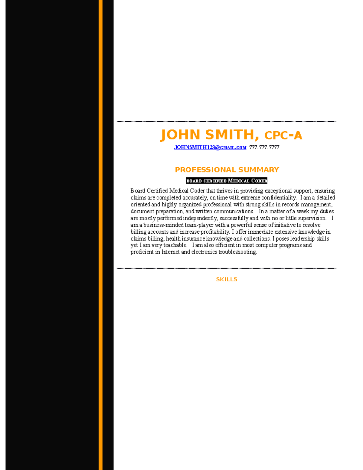 2018 John Smith Resume 1 - JOHN SMITH, CPC-A JOHNSMITH123@ GMAIL 777 ...