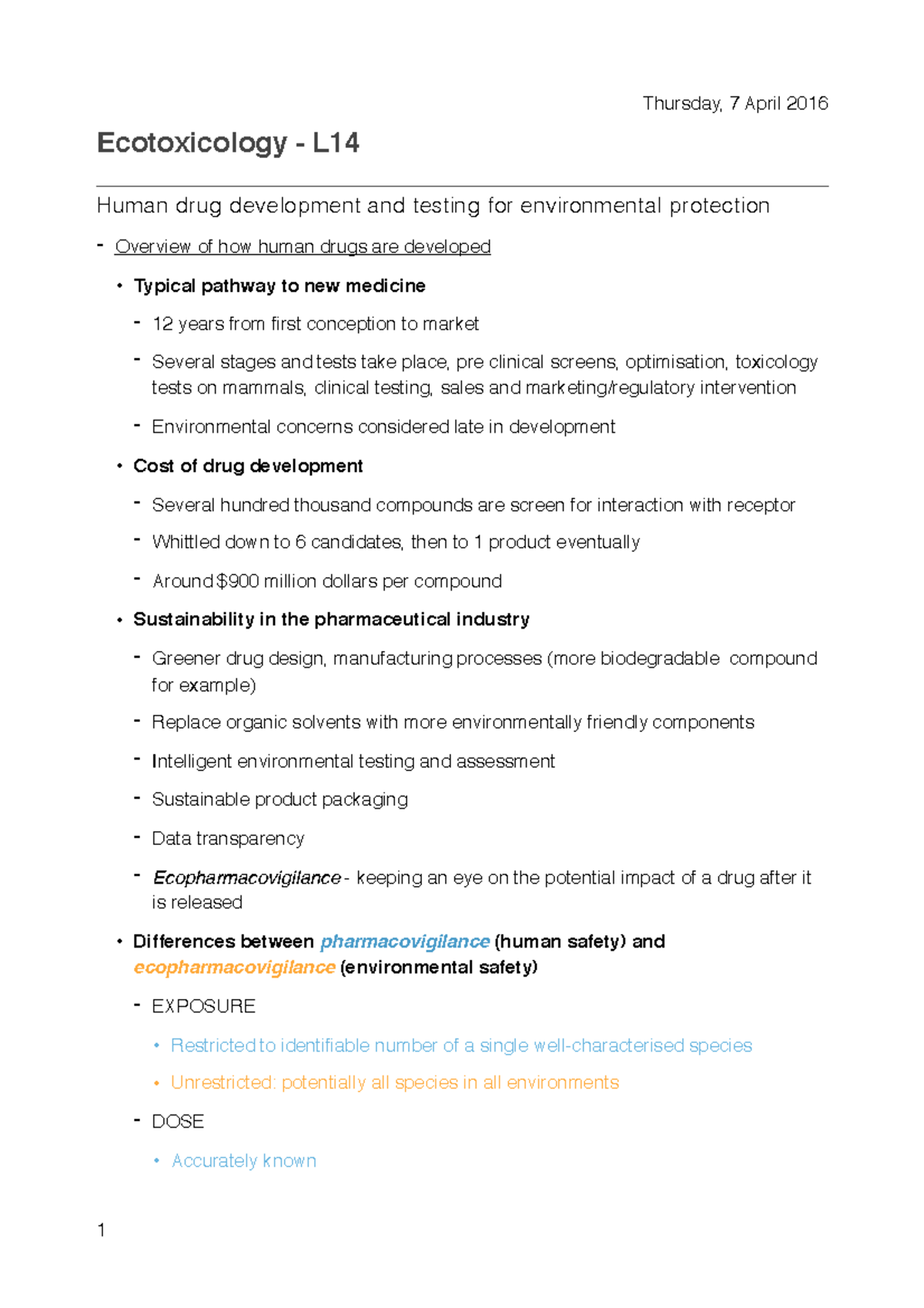 BIO3067 - Ecotoxicology - Lecture 14 Notes - Ecotoxicology - L Human ...