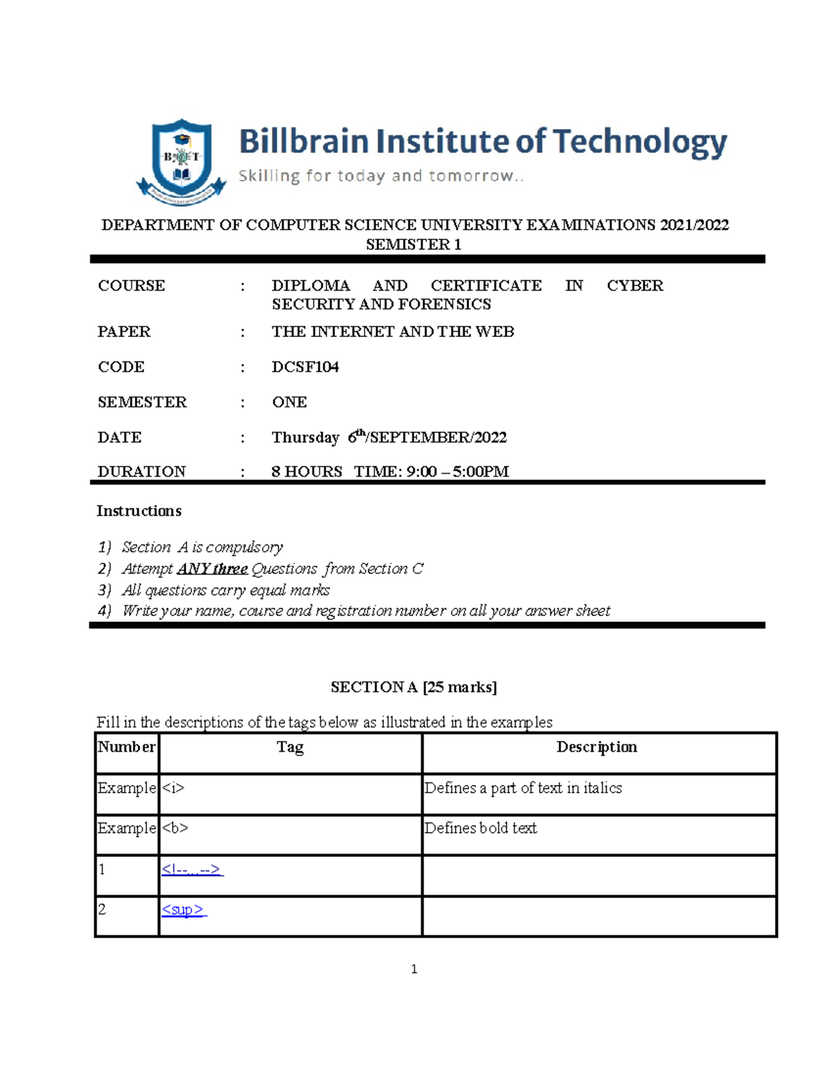 Diploma web 2022 - SAMPLE EXAM FOR - DEPARTMENT OF COMPUTER SCIENCE ...