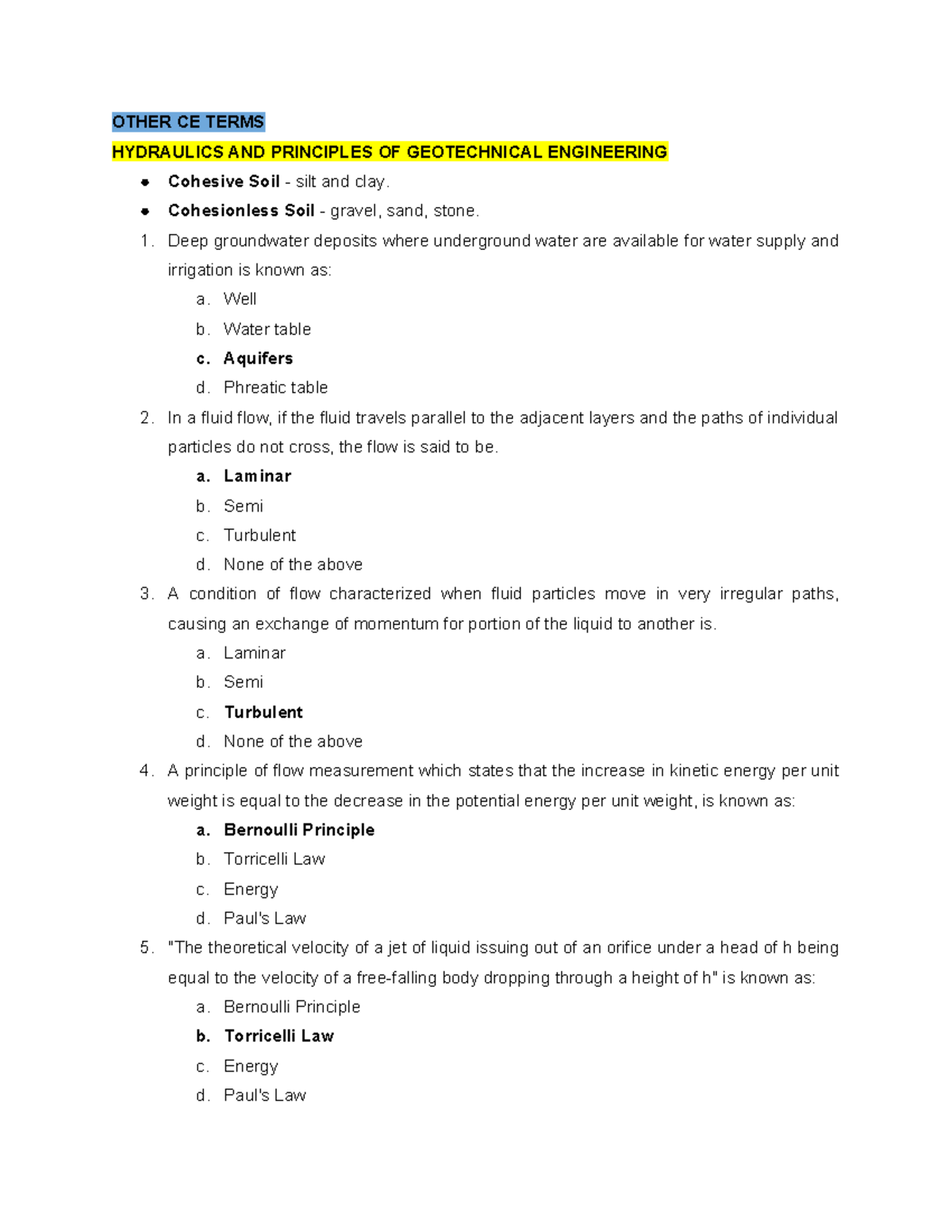 HGE Terms with Answers - READ READ READ - OTHER CE TERMS HYDRAULICS AND ...