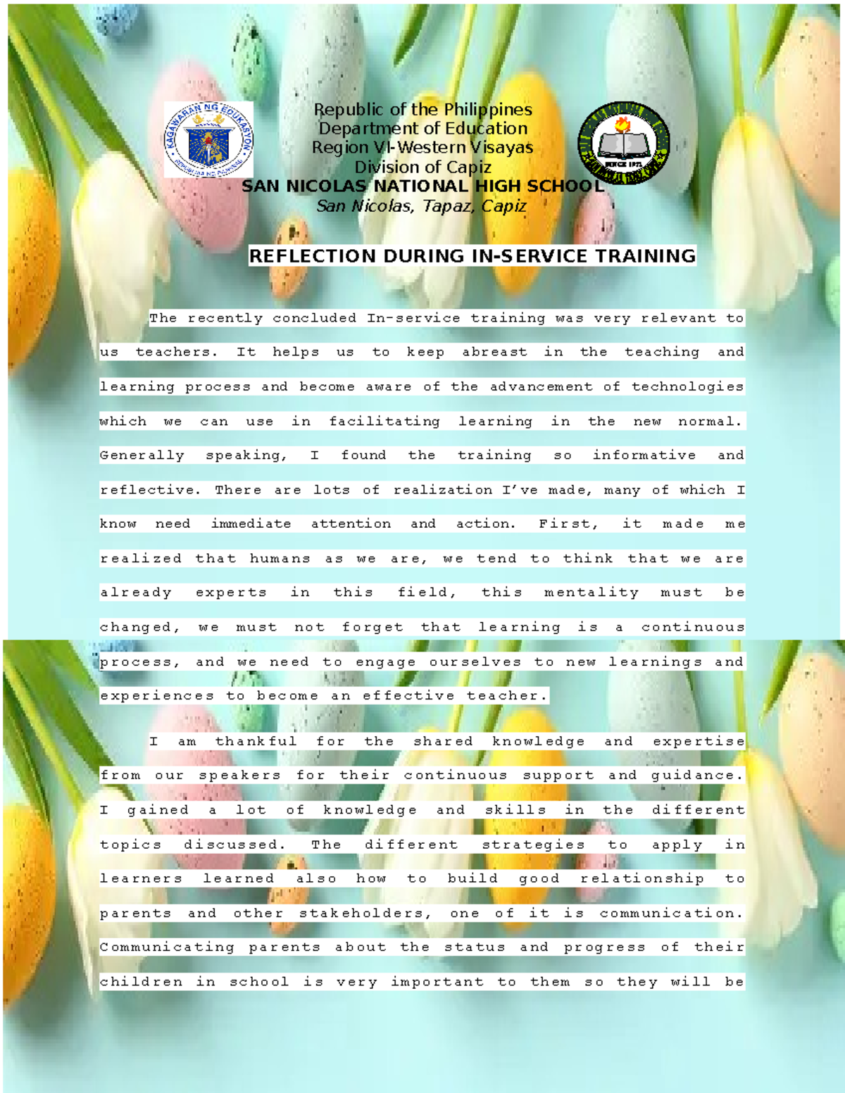 Refection Inset 2023 - REFLECTION - Republic of the Philippines ...