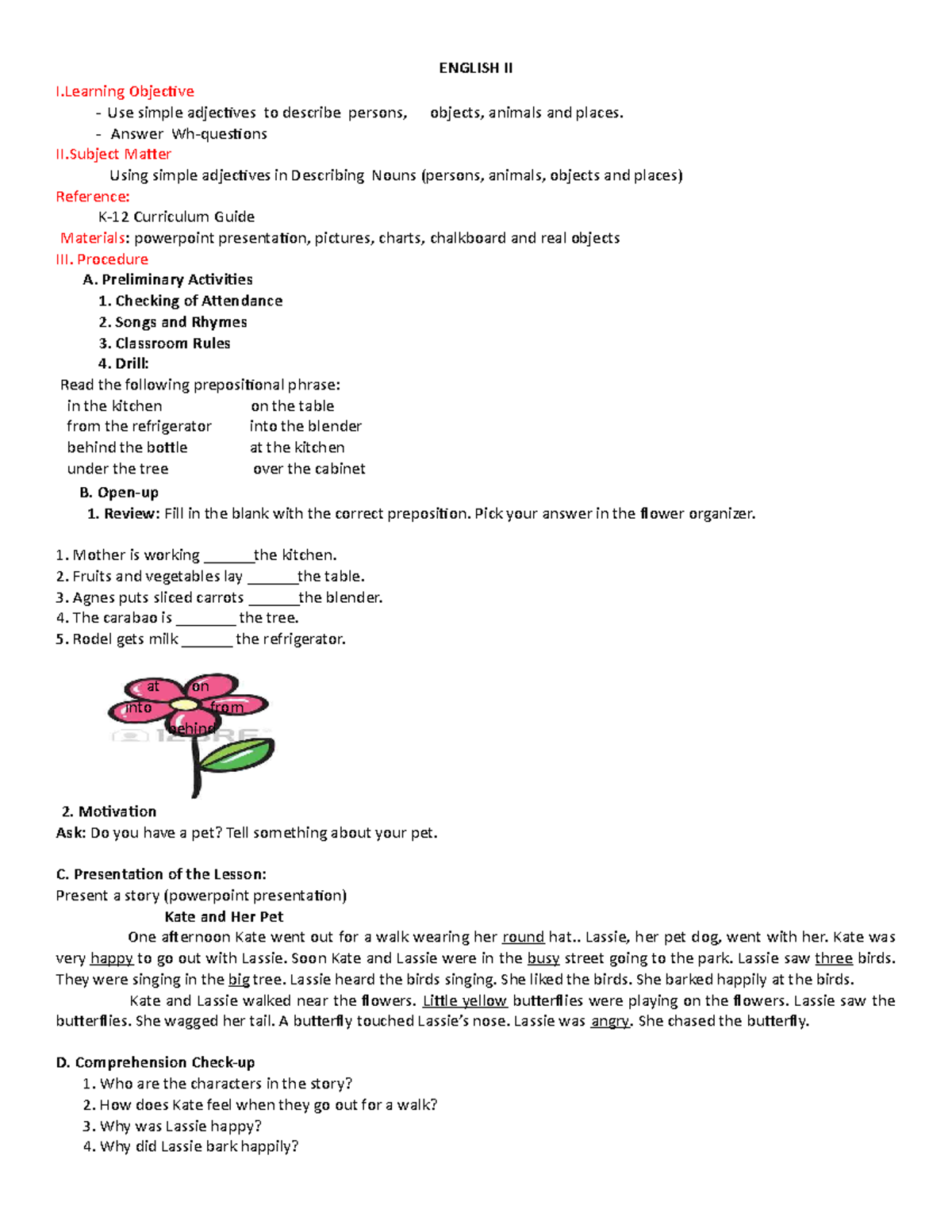 Lesson plan in English 2 for demo - ENGLISH II I Objective Use simple ...
