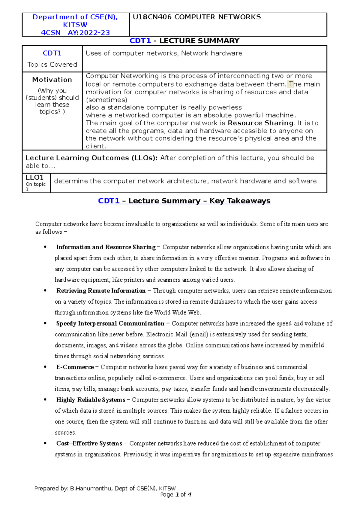 CN CDT1 Summary - Introduction: Uses of computer networks, Network ...
