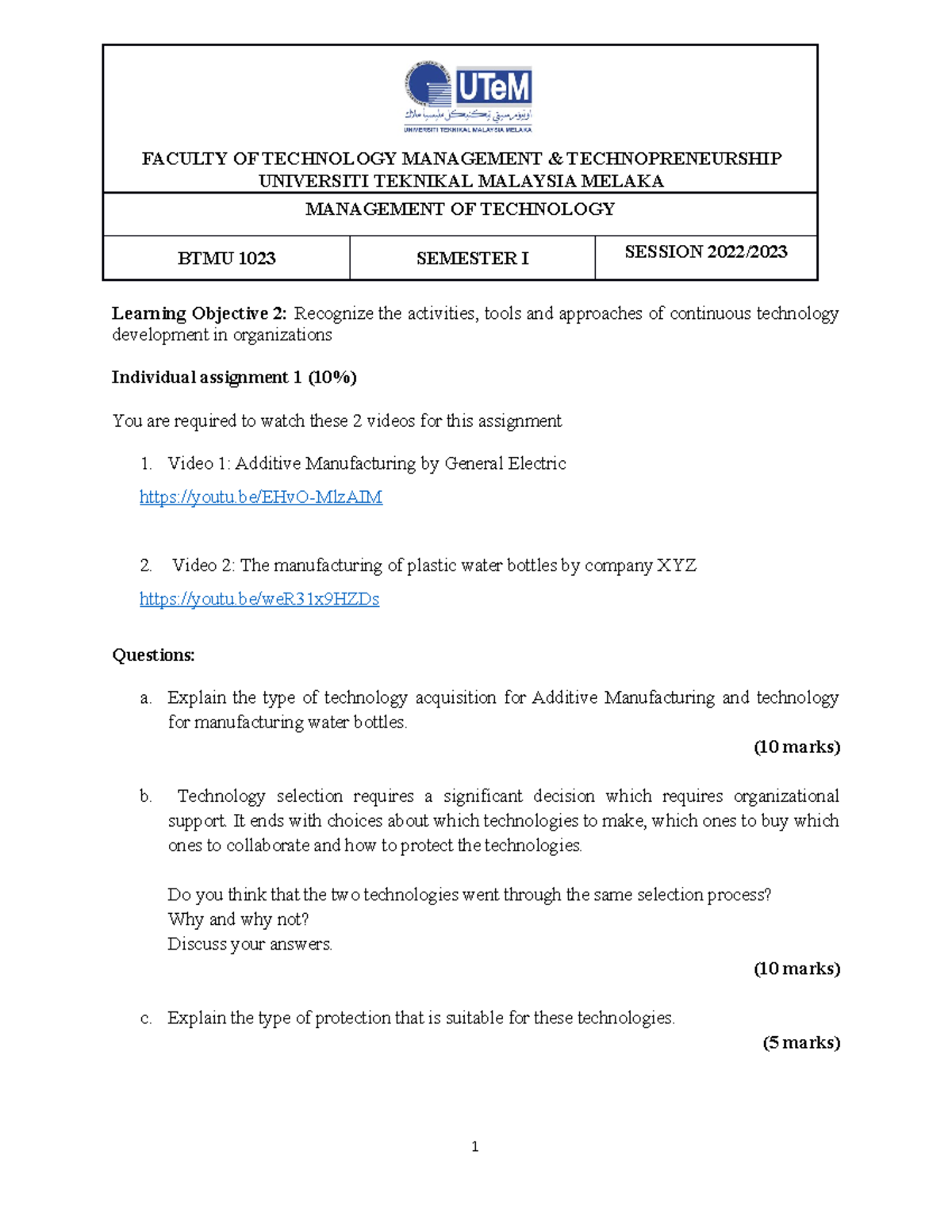 MOT - Just a preview - MANAGEMENT OF TECHNOLOGY BTMU 1023 SEMESTER I ...