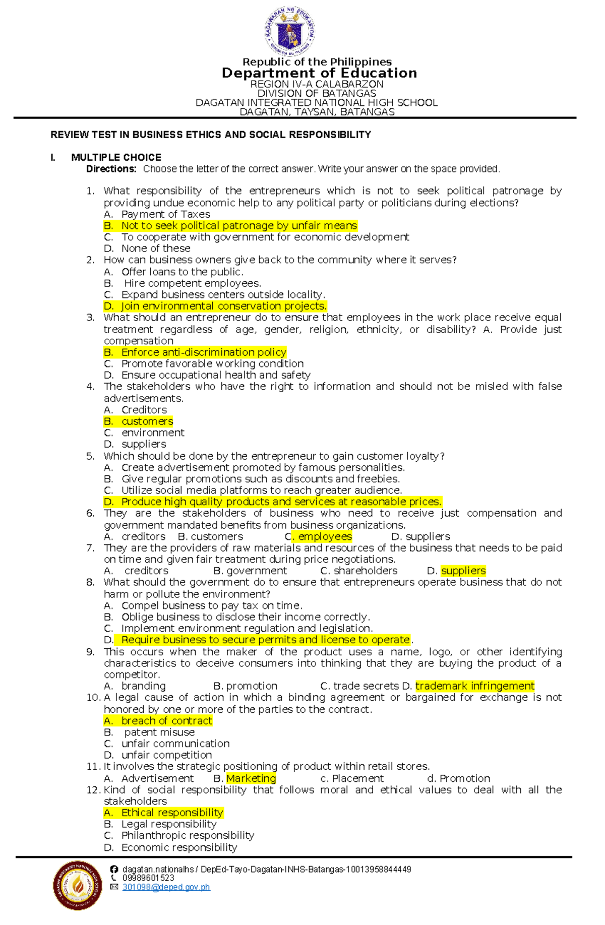 Review-TEST-IN- Ethics - dagatan / DepEd-Tayo-Dagatan-INHS-Batangas ...