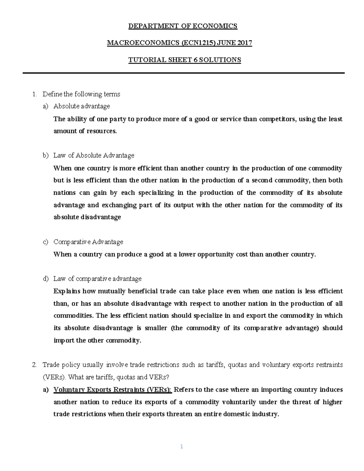 ECN 1215 Tutorial Sheet 6 - Solutions - DEPARTMENT OF ECONOMICS MACROECONOMICS (ECN1215) JUNE ...