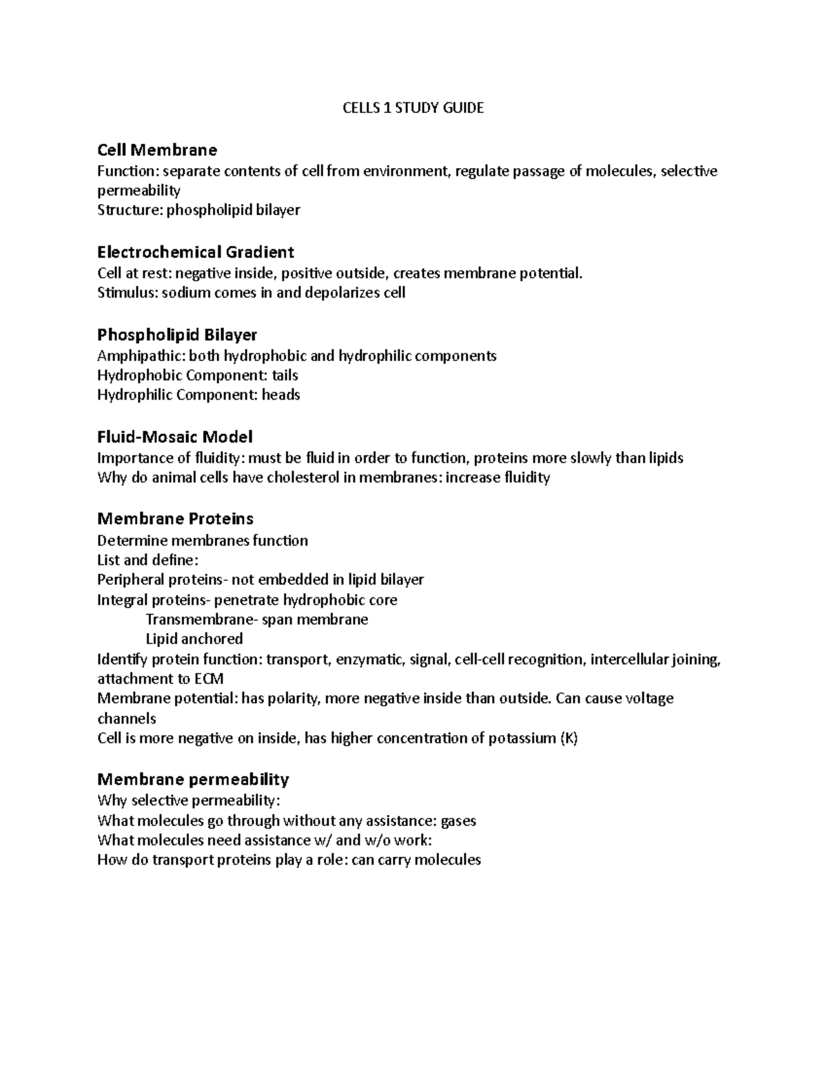 Part 1 of Cells for Exam1 - CELLS 1 STUDY GUIDE Cell Membrane Function ...