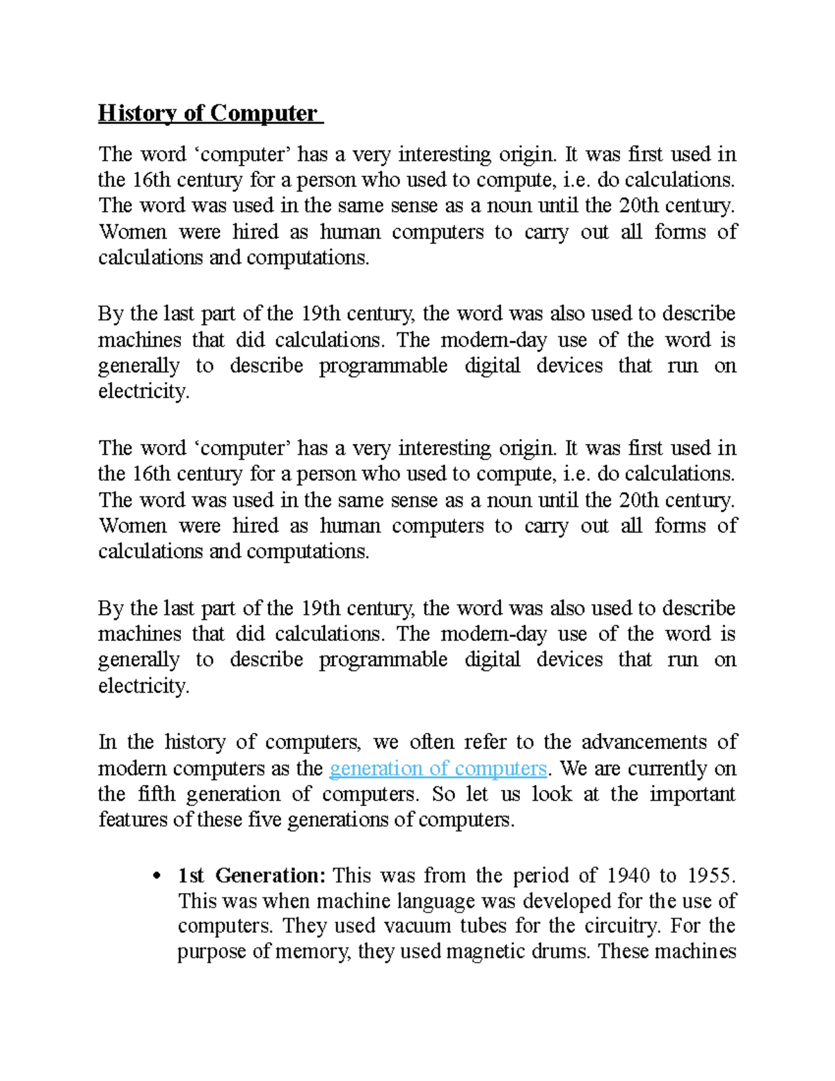 First Email - lecture - History of Computer The word ‘computer’ has a ...