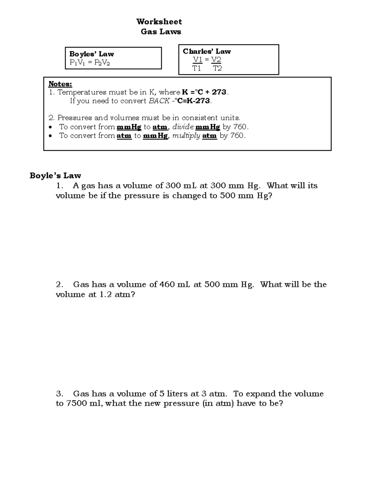 Gas-Laws-worksheet - Worksheet Gas Laws Boyle’s Law 1. A gas has a ...