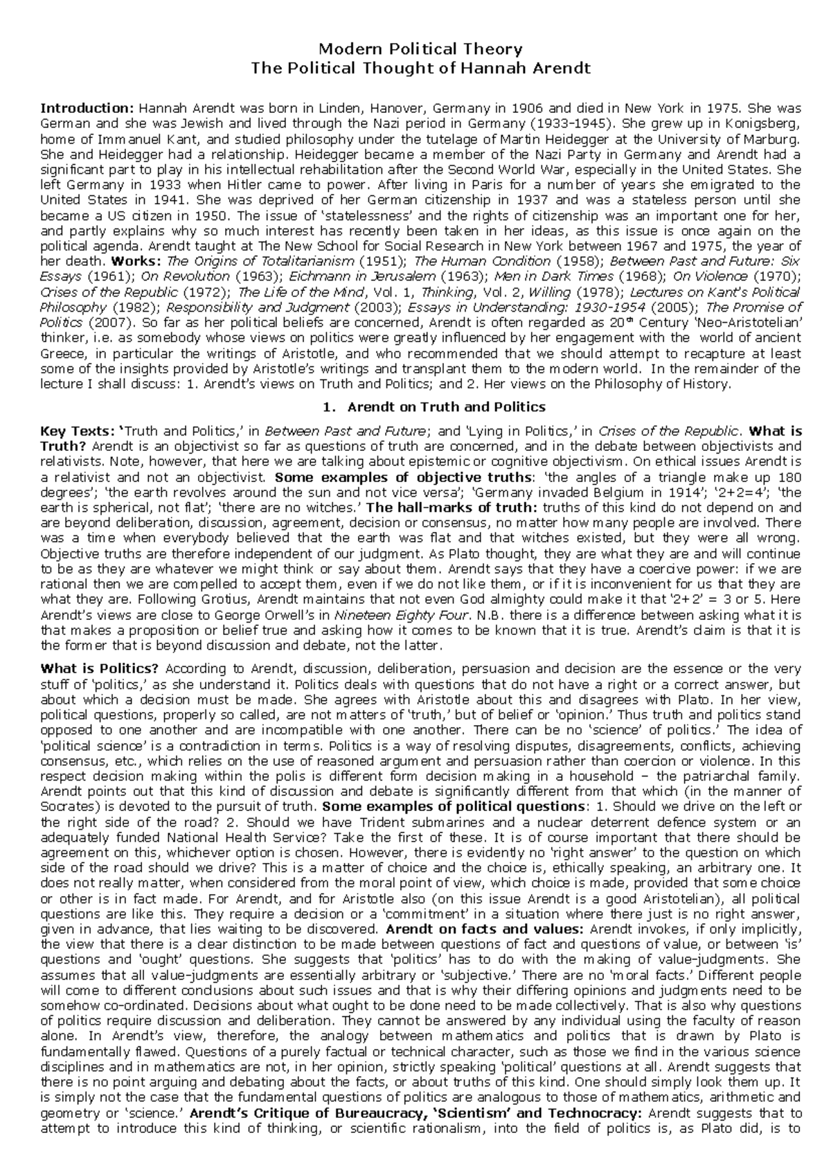 Arendt Lecture, I, 2016-2017 . Revised - Modern Political Theory The ...