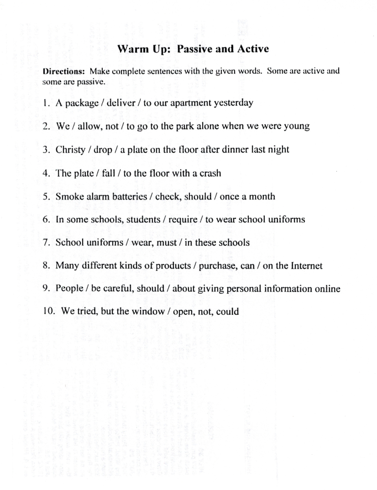 Warm up with passive and active sentences + answer key - Warm Up ...