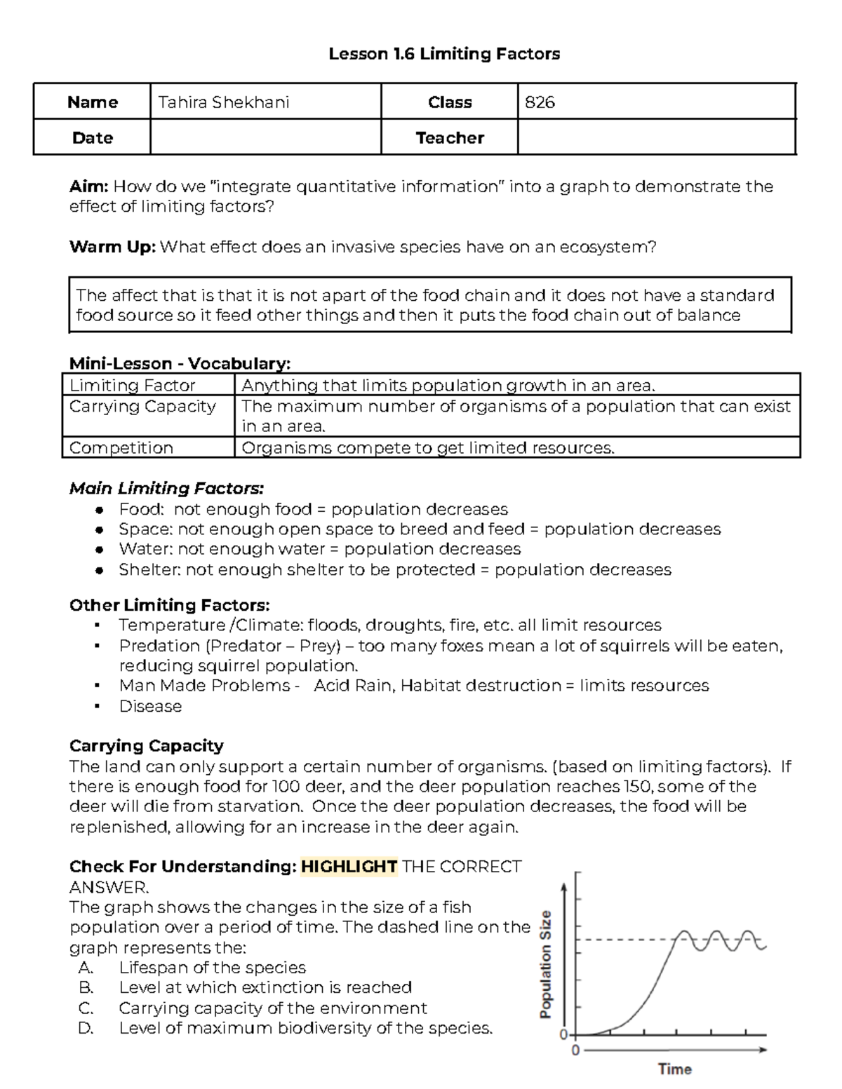 Limiting Factors Ecology - Lesson 1 Limiting Factors Name Tahira ...