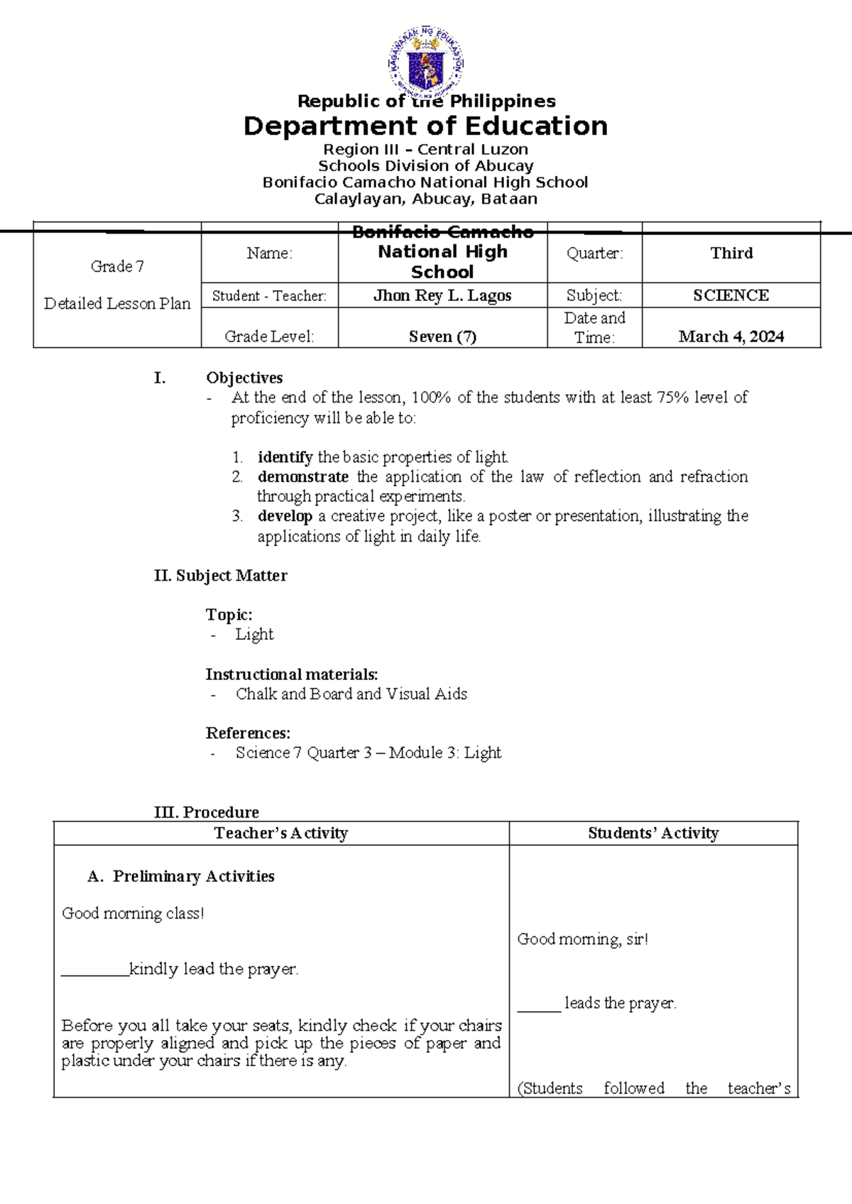 Lagos JHON REY DLP Science 7 Light - Grade 7 Detailed Lesson Plan Name ...
