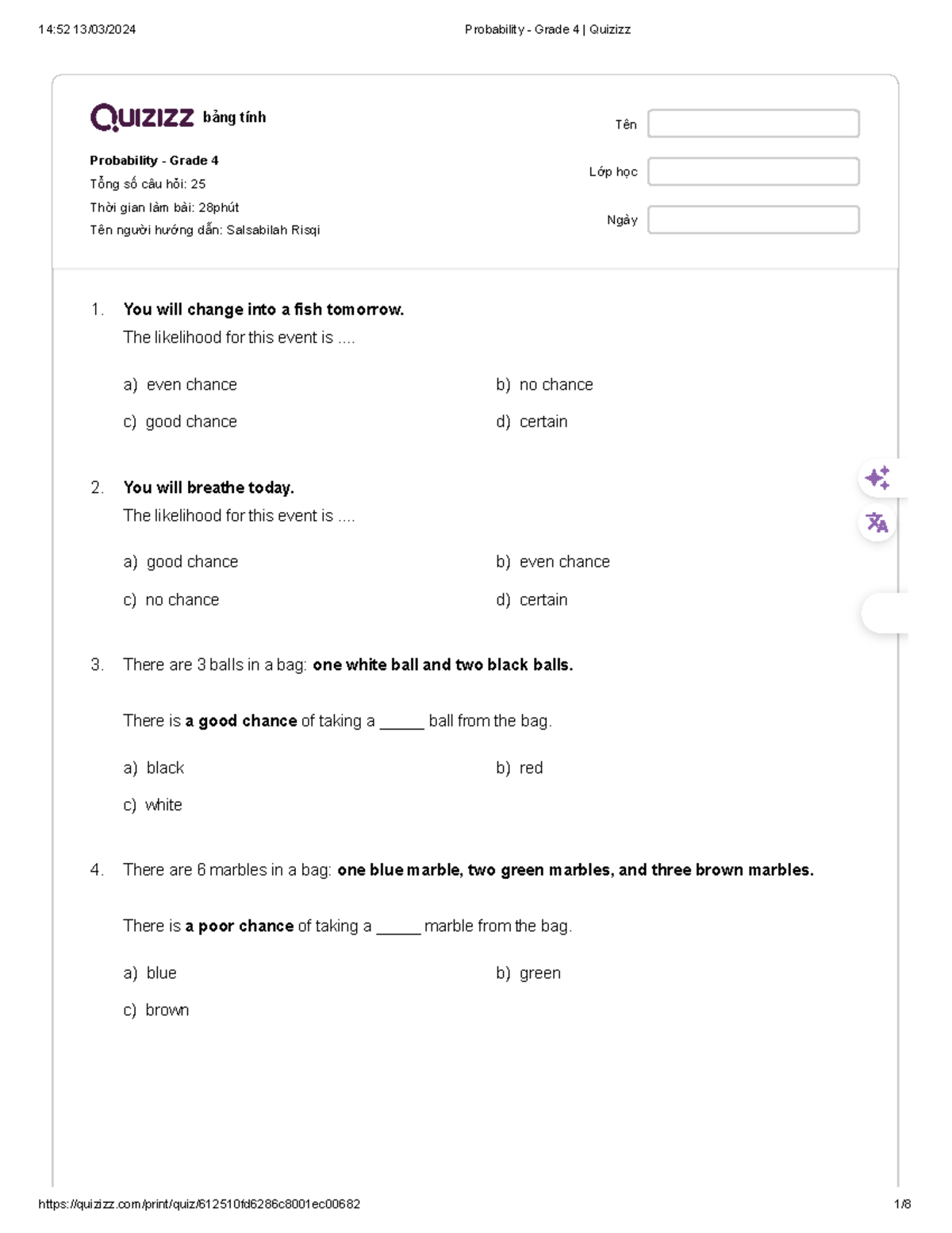 Probability - Grade 4 Quizizz - bảng tính Probability - Grade 4 Tổng số ...