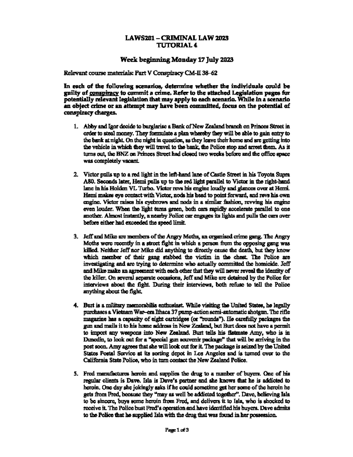 Crim tute - Criminal tutorial question on conspiracy - Criminal Law - Studocu