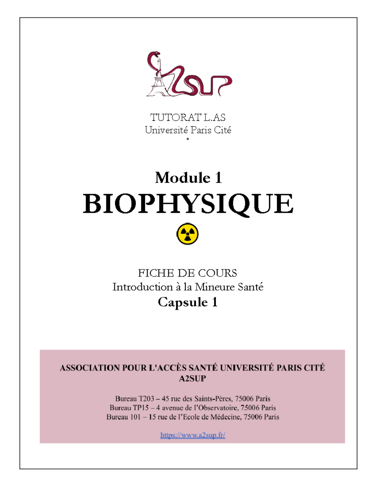 Fiche 1 Biophy - TUTORAT L Université Paris Cité Module 1 BIOPHYSIQUE ...
