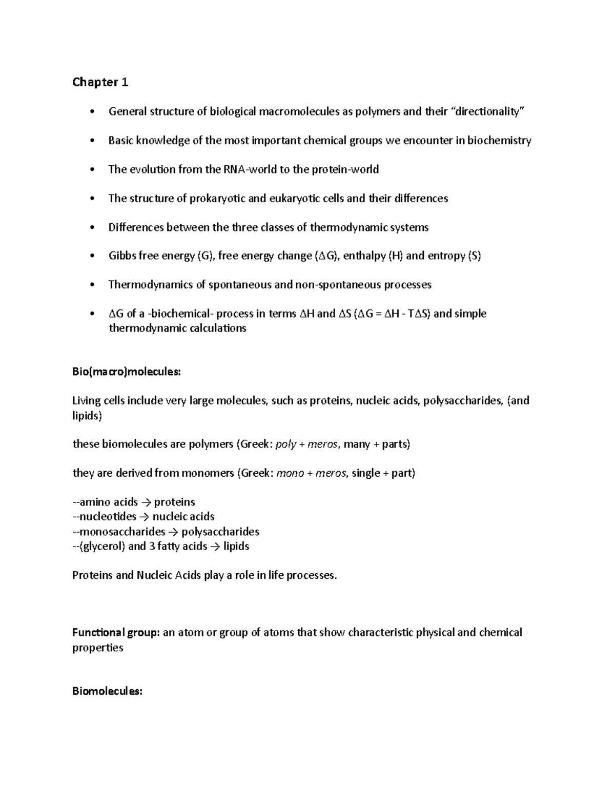 Chapter 1 notes - Chapter 1 General structure of biological ...