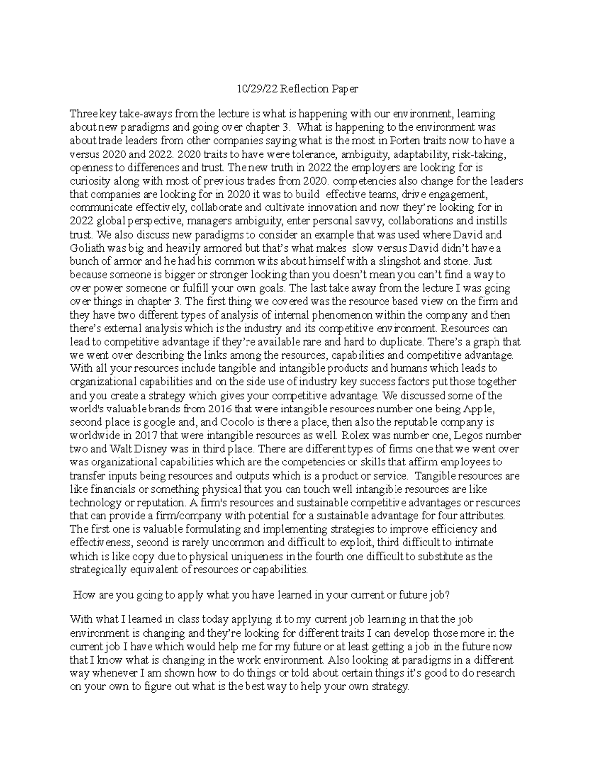 10 29 22 Reflection Paper - 10/29/22 Reflection Paper Three key take ...