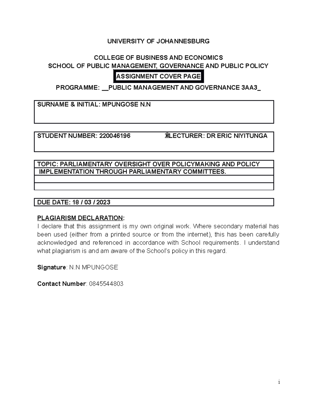 PMG 3A Assignment - It is my second year - UNIVERSITY OF JOHANNESBURG ...