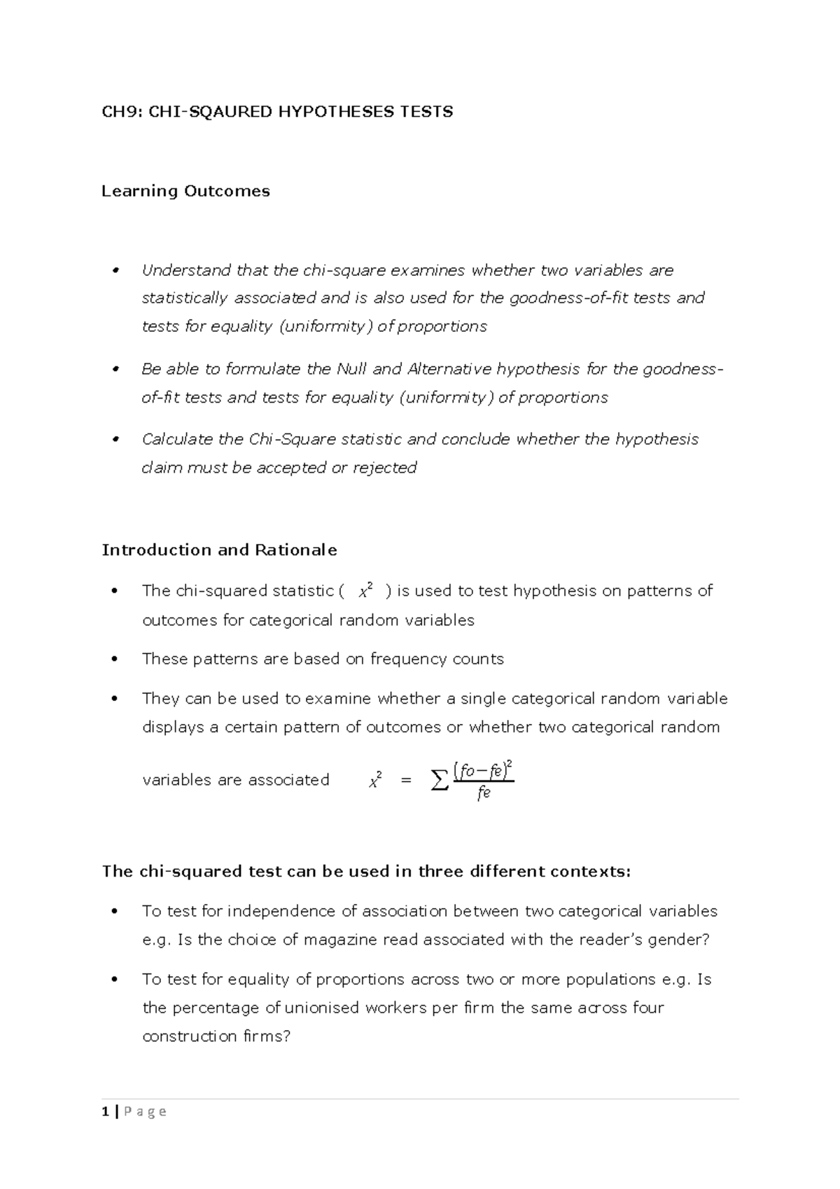 Unit 9 Chi-Squared Hypothesis Testing - CH9: CHI-SQAURED HYPOTHESES ...