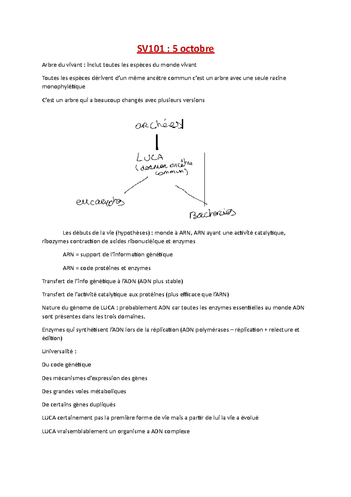 SV101 Evolution chapitre 4 - SV101 : 5 octobre Arbre du vivant : inclut ...