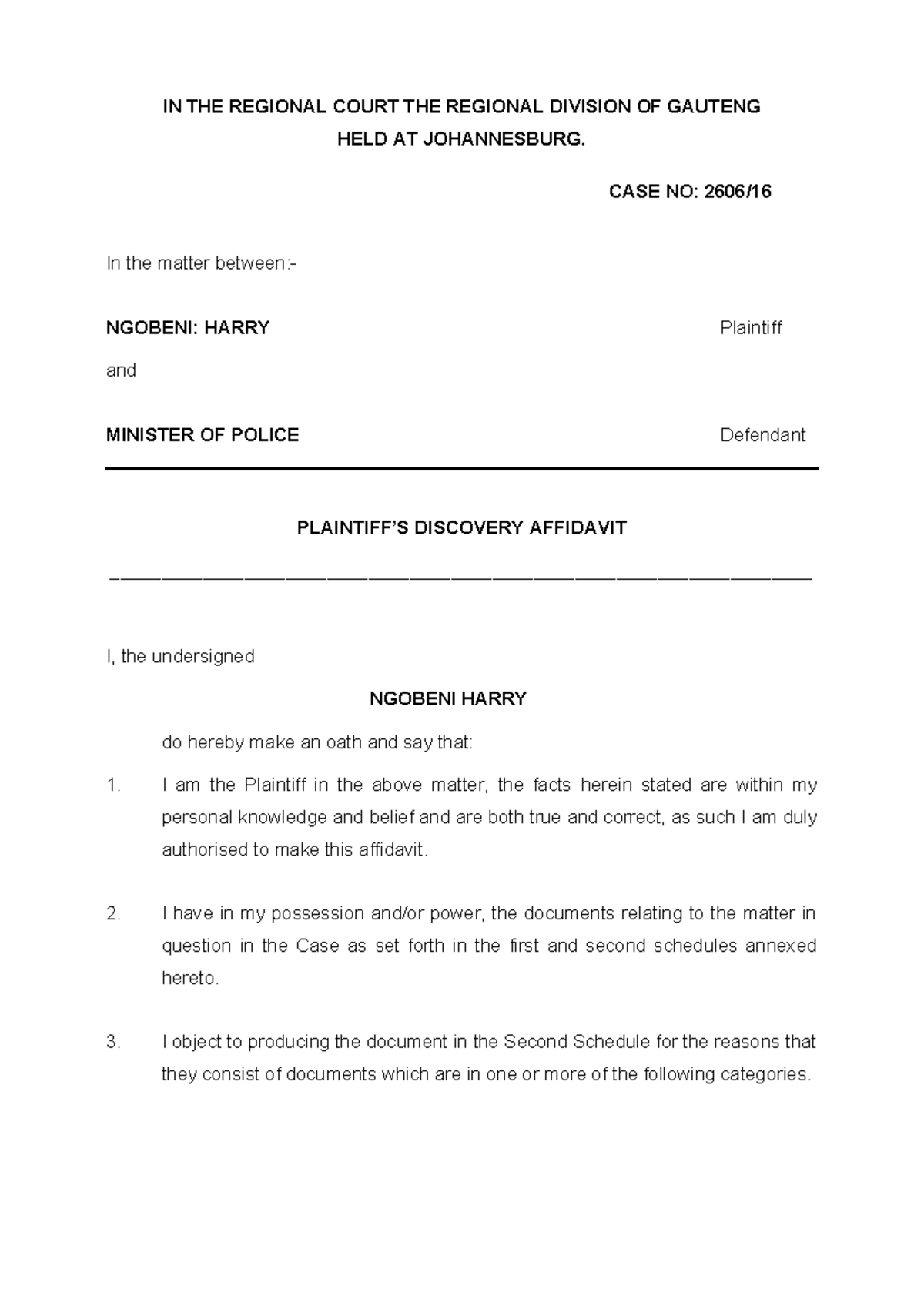 Discovery Affidavit Makgate - IN THE REGIONAL COURT THE REGIONAL DIVISION OF GAUTENG HELD AT ...