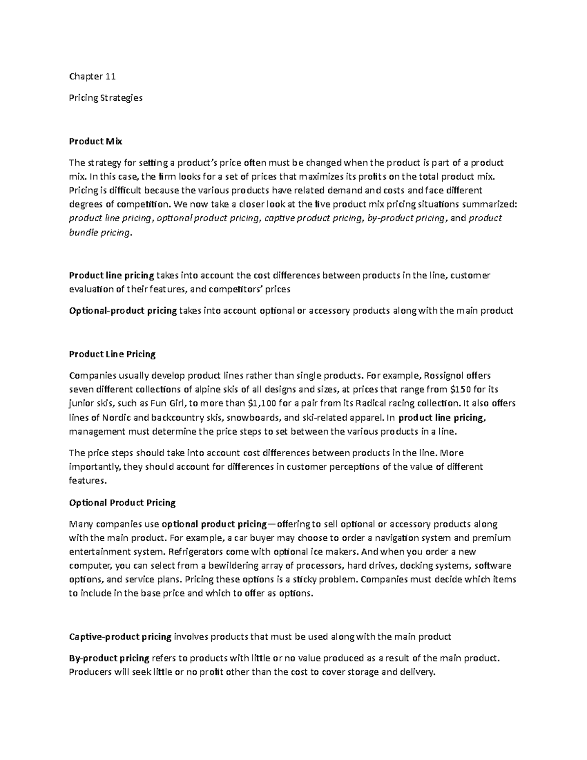 Chapter 11b - Lecture notes 11 - Chapter 11 Pricing Strategies Product ...