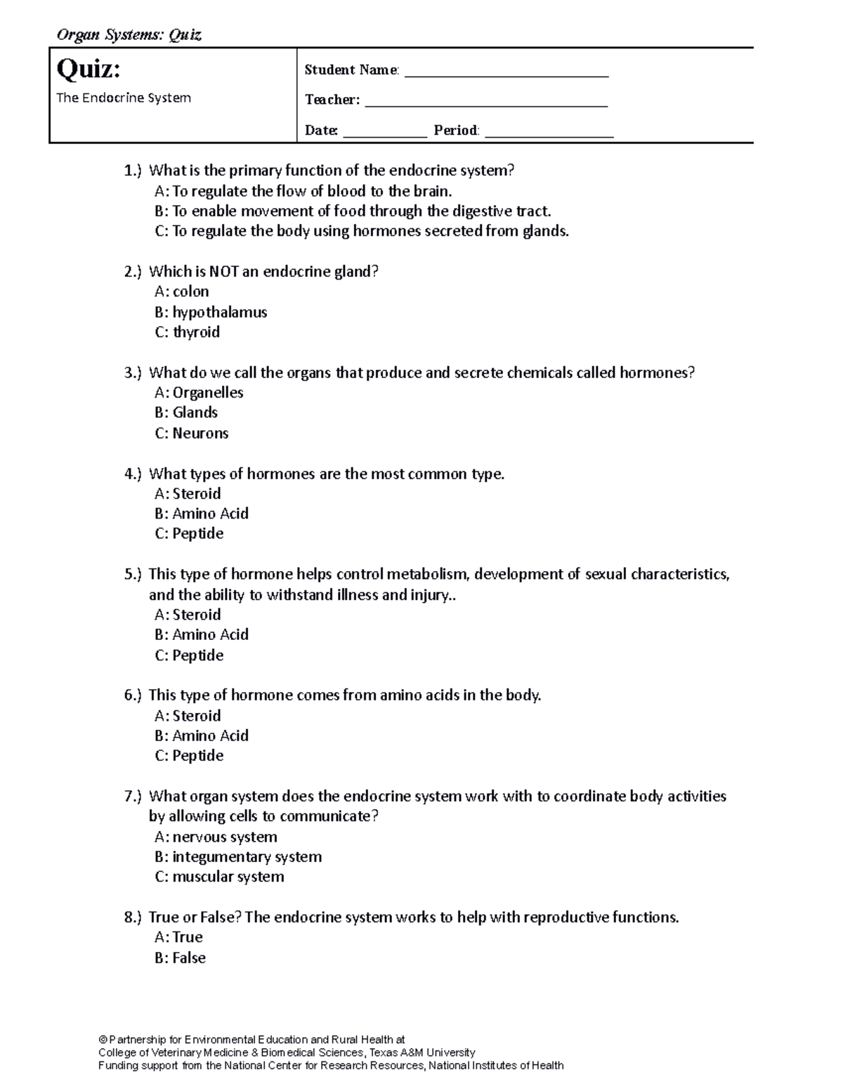 Endocrine-System-Quiz - Organ Systems: Quiz Quiz: The Endocrine System ...
