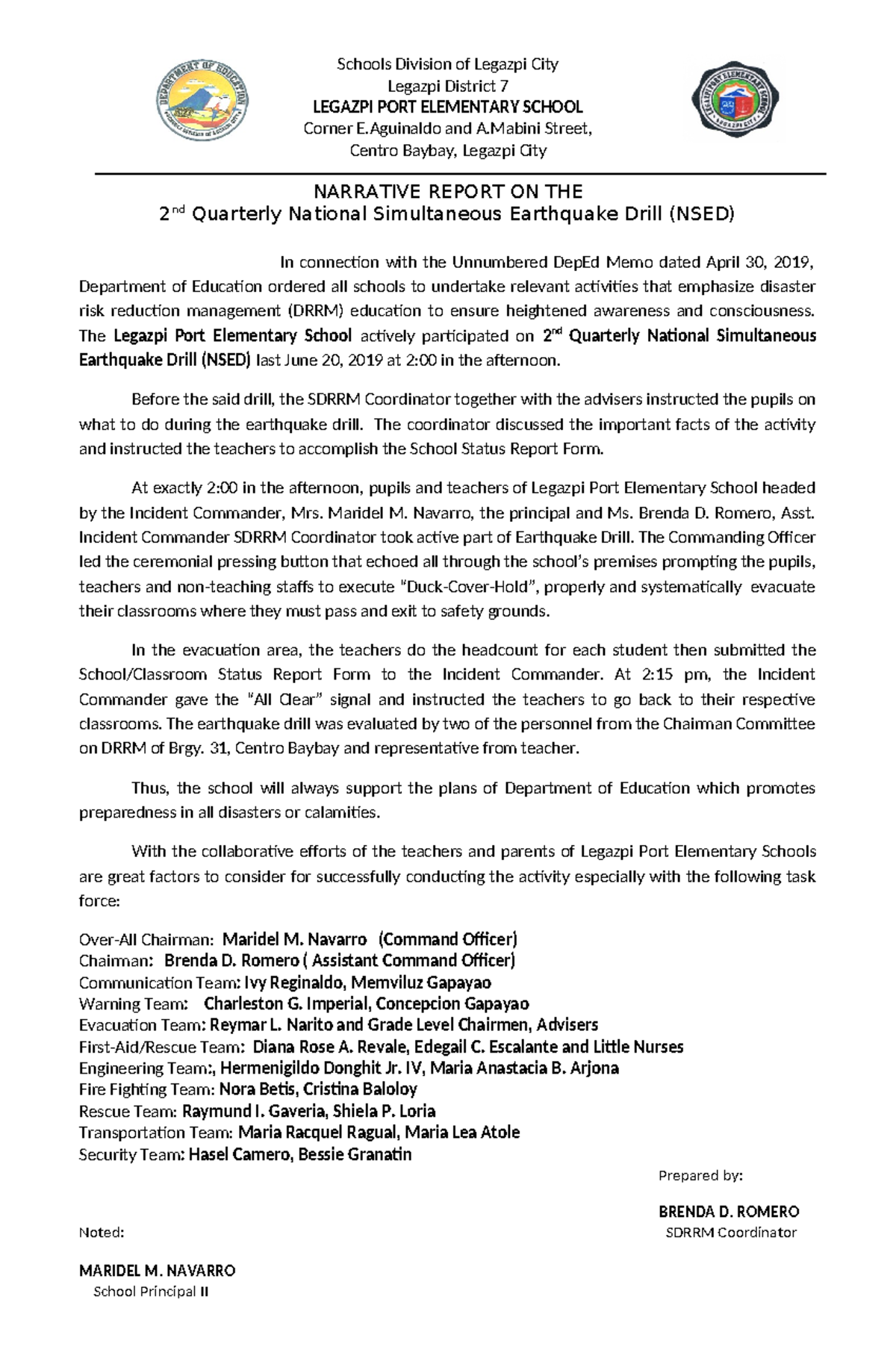 Narrative report-drrm 2nd NSED-2019 - Schools Division of Legazpi City ...