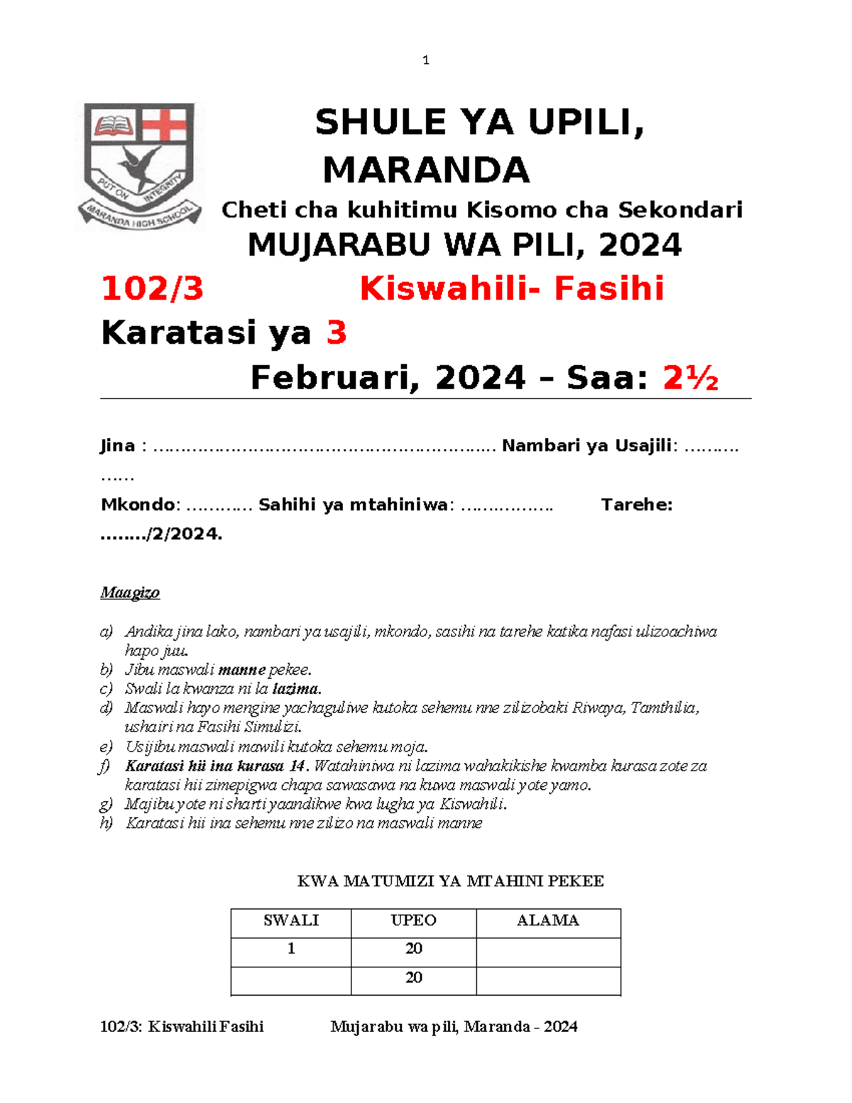 KDT 4 Cycle 2 T1 2024 - SHULE YA UPILI, MARANDA Cheti cha kuhitimu Kisomo cha Sekondari MUJARABU ...