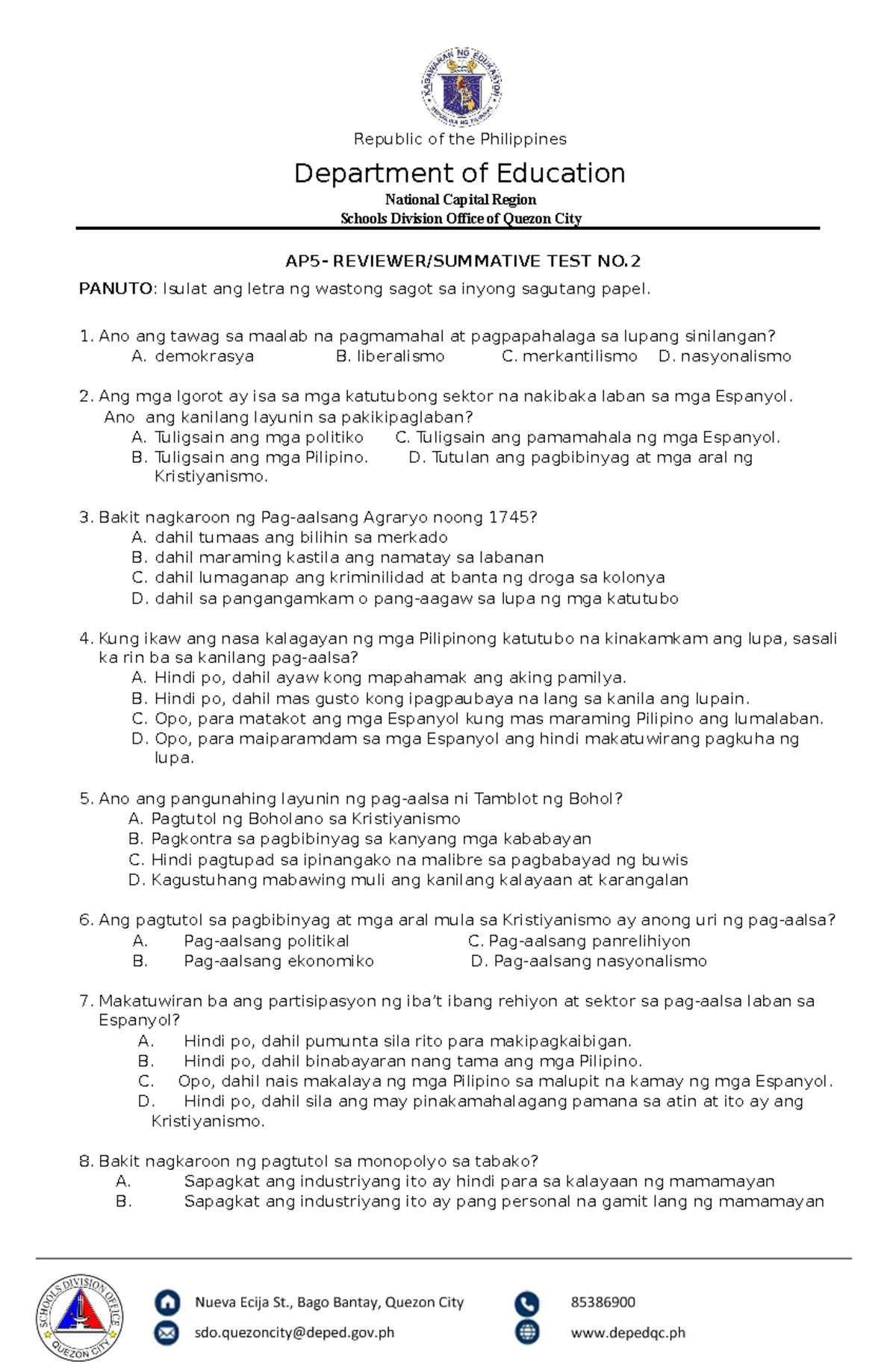 AP- Reviewer and Summative TEST NO - Republic of the Philippines ...