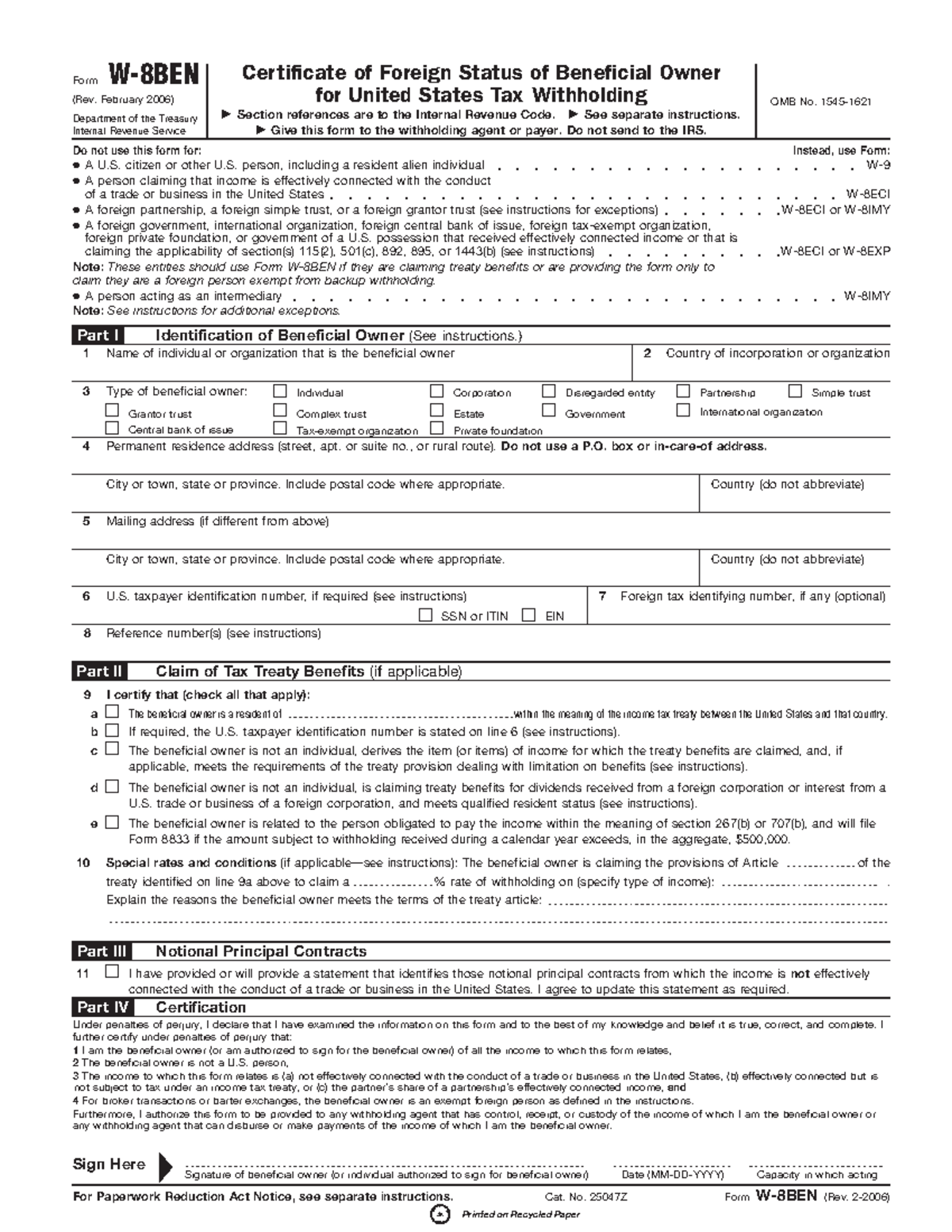W8 Formular - Form W-8BEN (Rev. February 2006) Department of the ...