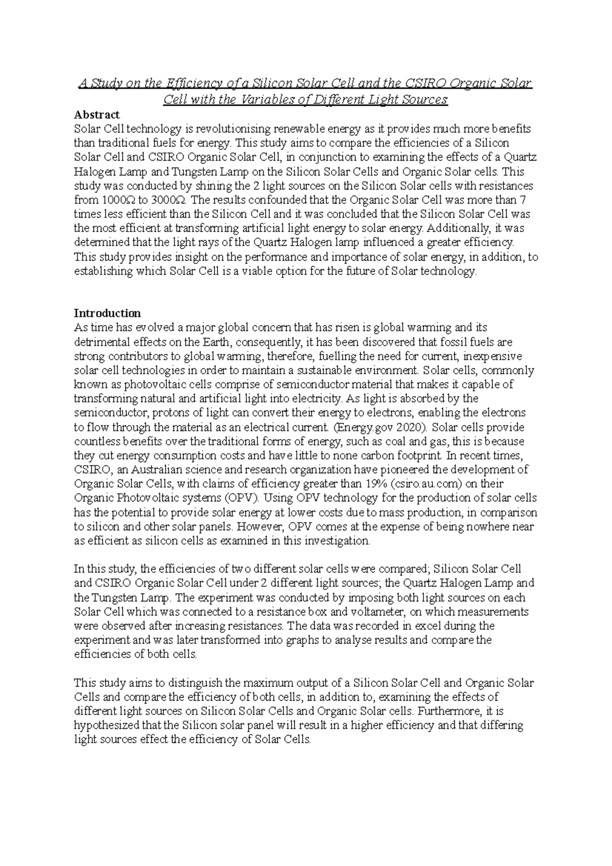 Solar Cell Experiment Laboratory Report - A Study on the Efficiency of ...