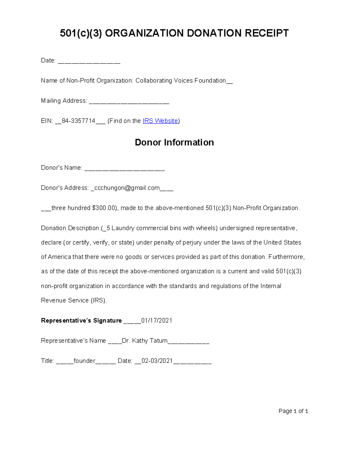 501c3 Donation Receipt Template - 501(c)(3) ORGANIZATION DONATION ...