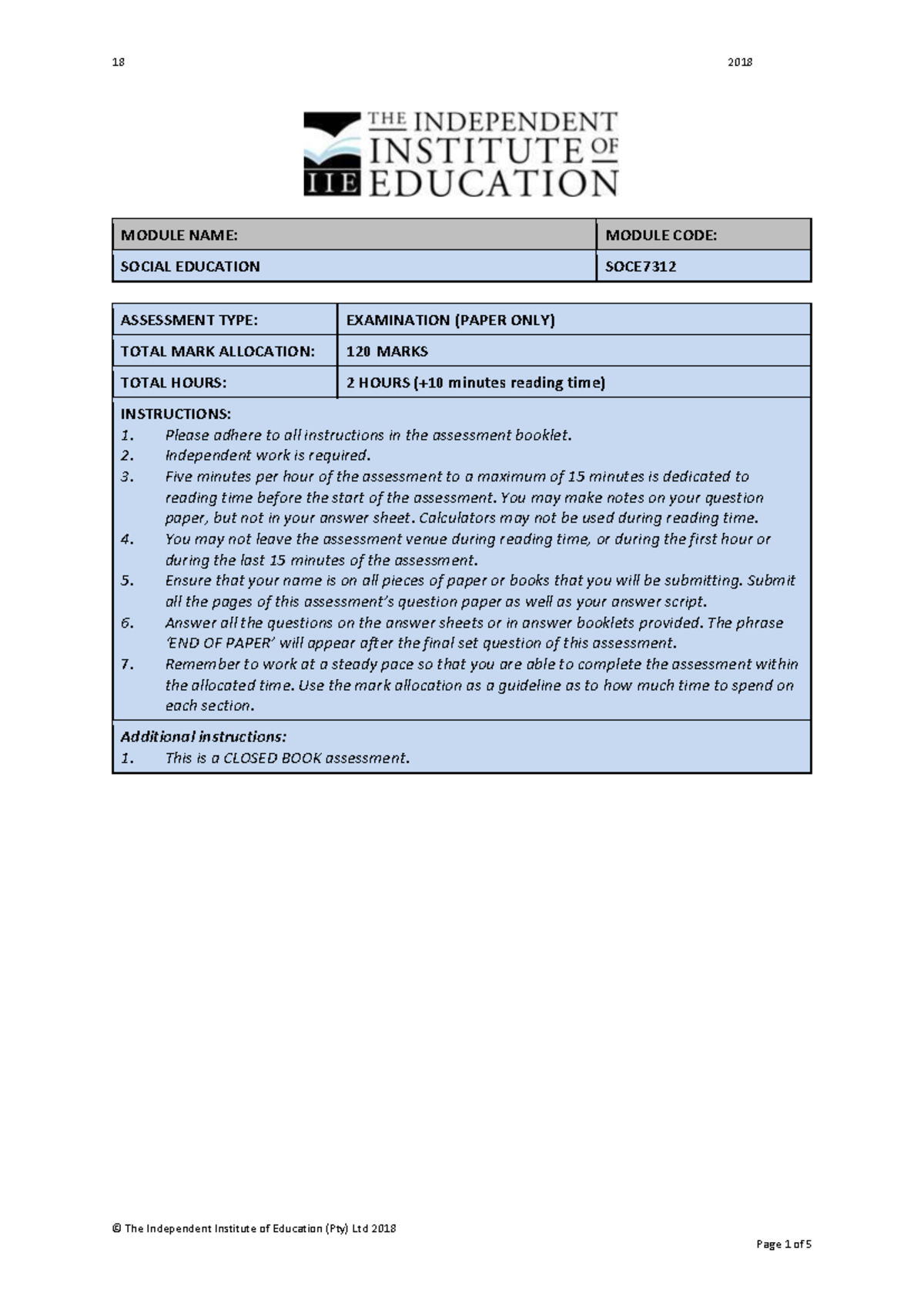 2018 exam SOCE7312 - past exam paper - © The Independent Institute of ...