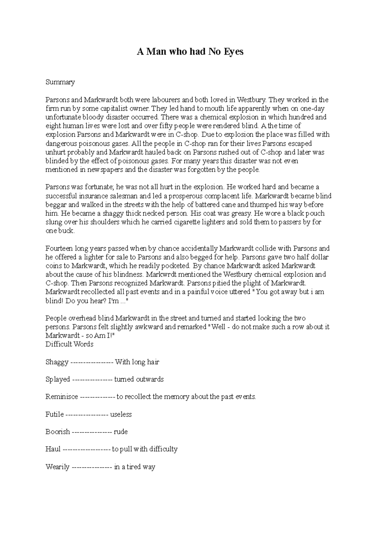 76192303 A Man Who Had No Eyes - A Man who had No Eyes Summary Parsons ...