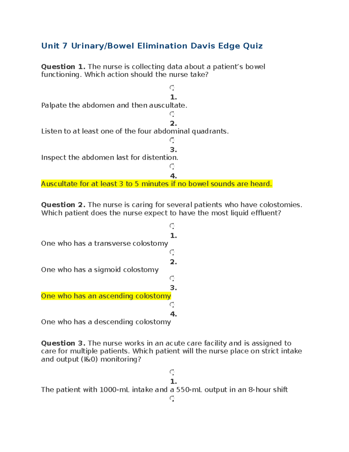 Unit 7 Urinary Bowel Elimination Davis Edge Quiz - Unit 7 Urinary/Bowel ...
