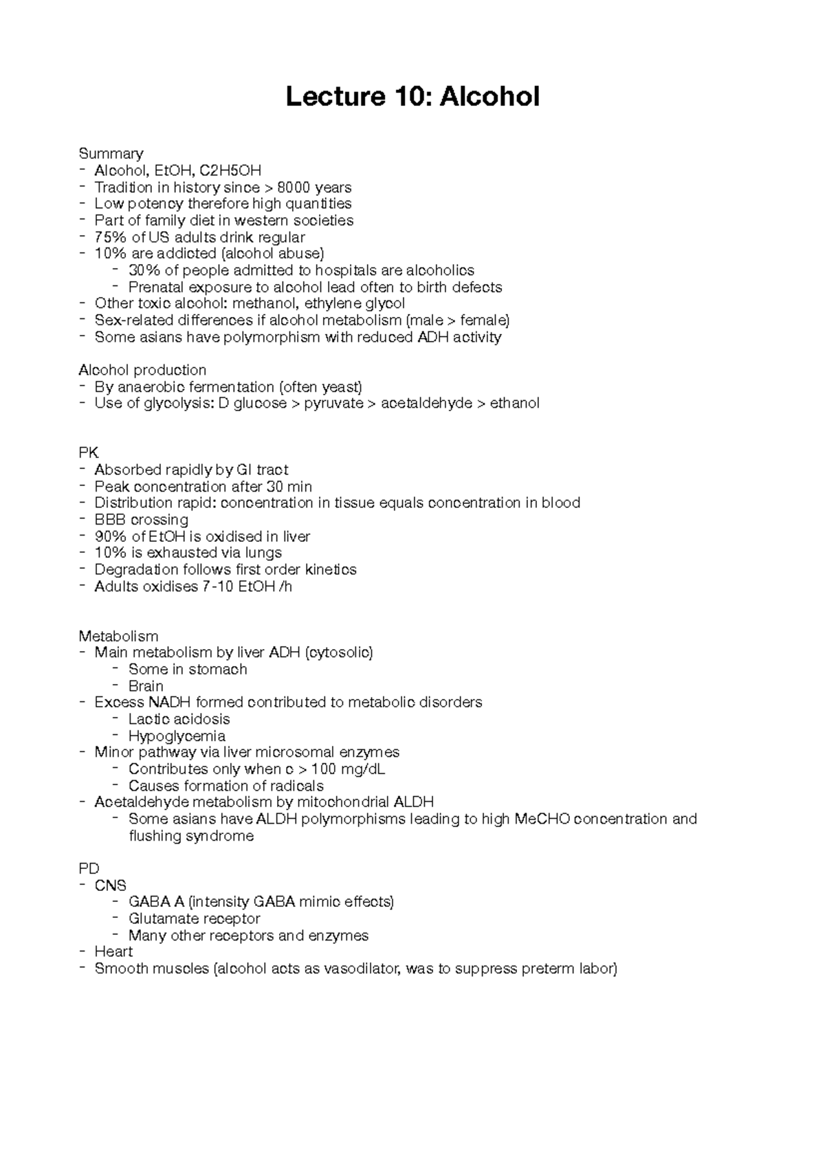 Lecture 10 - Alcohol - Lecture 10: Alcohol Summary - Alcohol, EtOH ...
