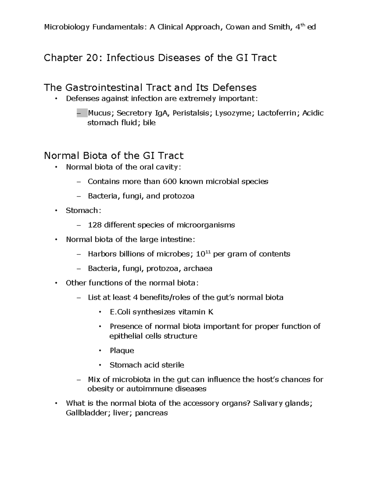 Chapter 20 Lecture Outline - Chapter 20: Infectious Diseases of the GI Tract The ...