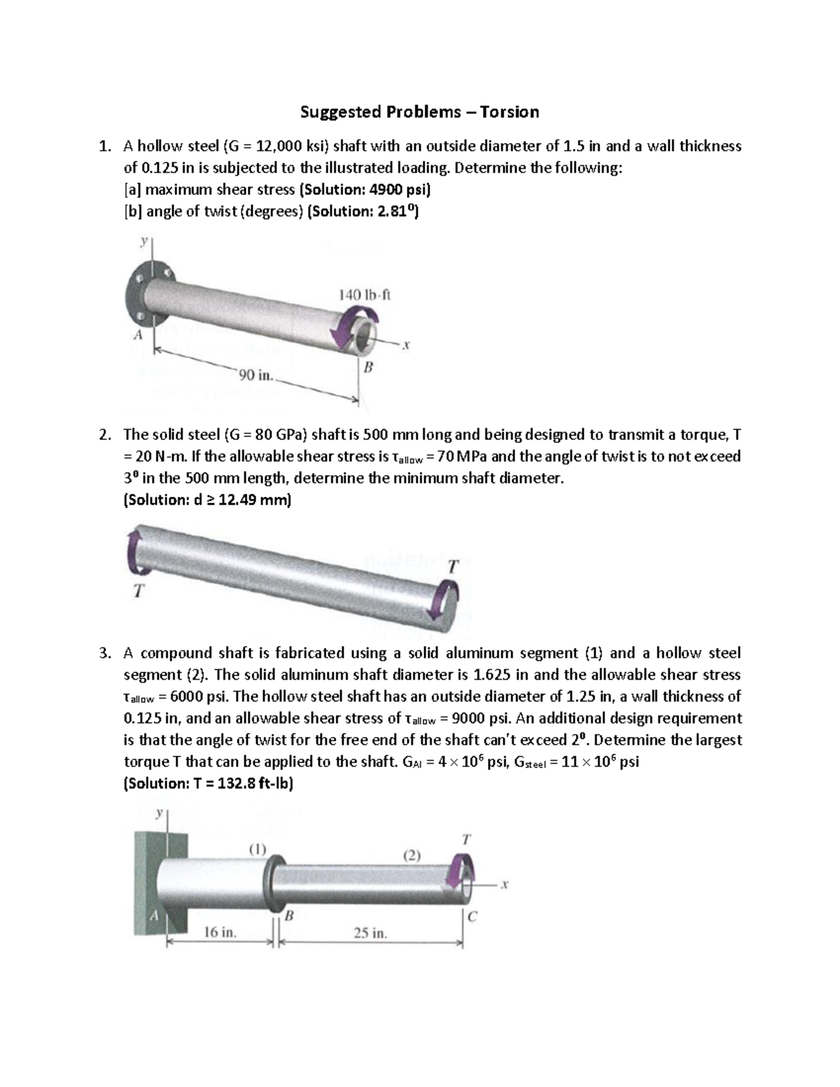 Section 5.1 - 5.3 Angle of Twist and Power Transmission - Suggested Problems – Torsion A hollow ...