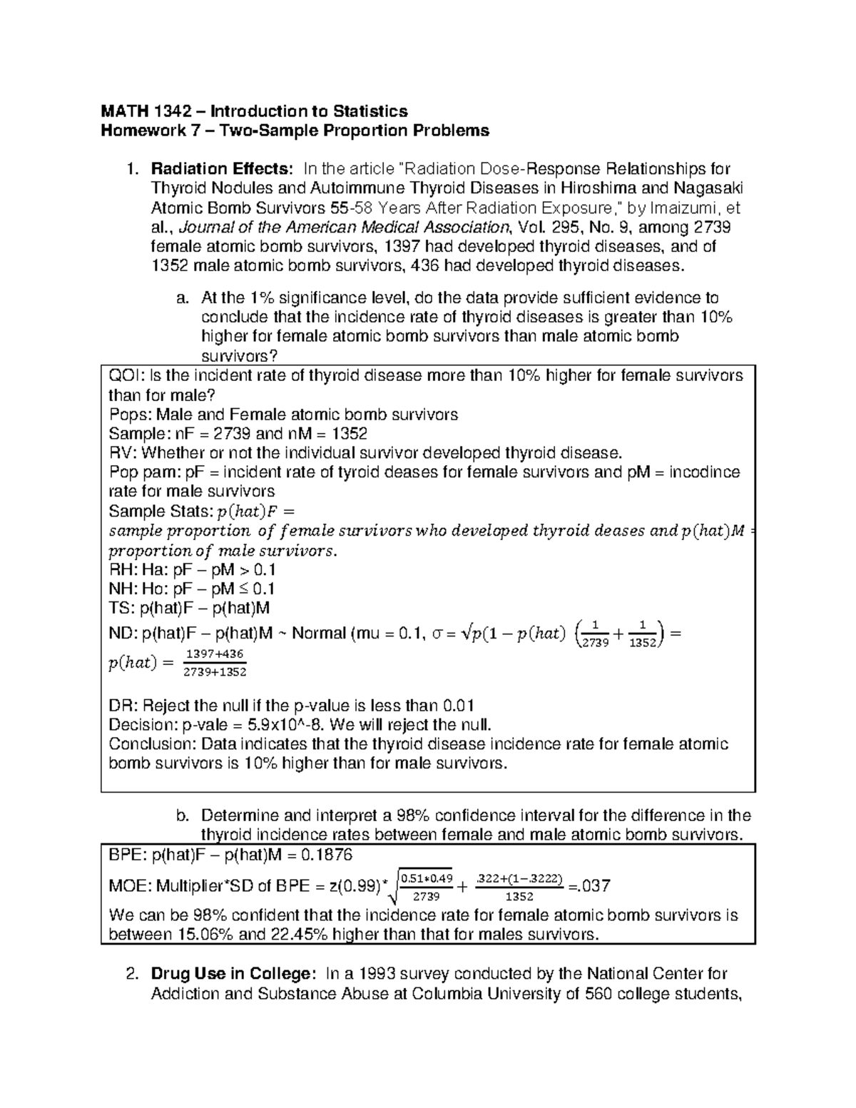 MATH 1342 - HW-7 - professor Henderson - MTH 220 - SFA - Studocu